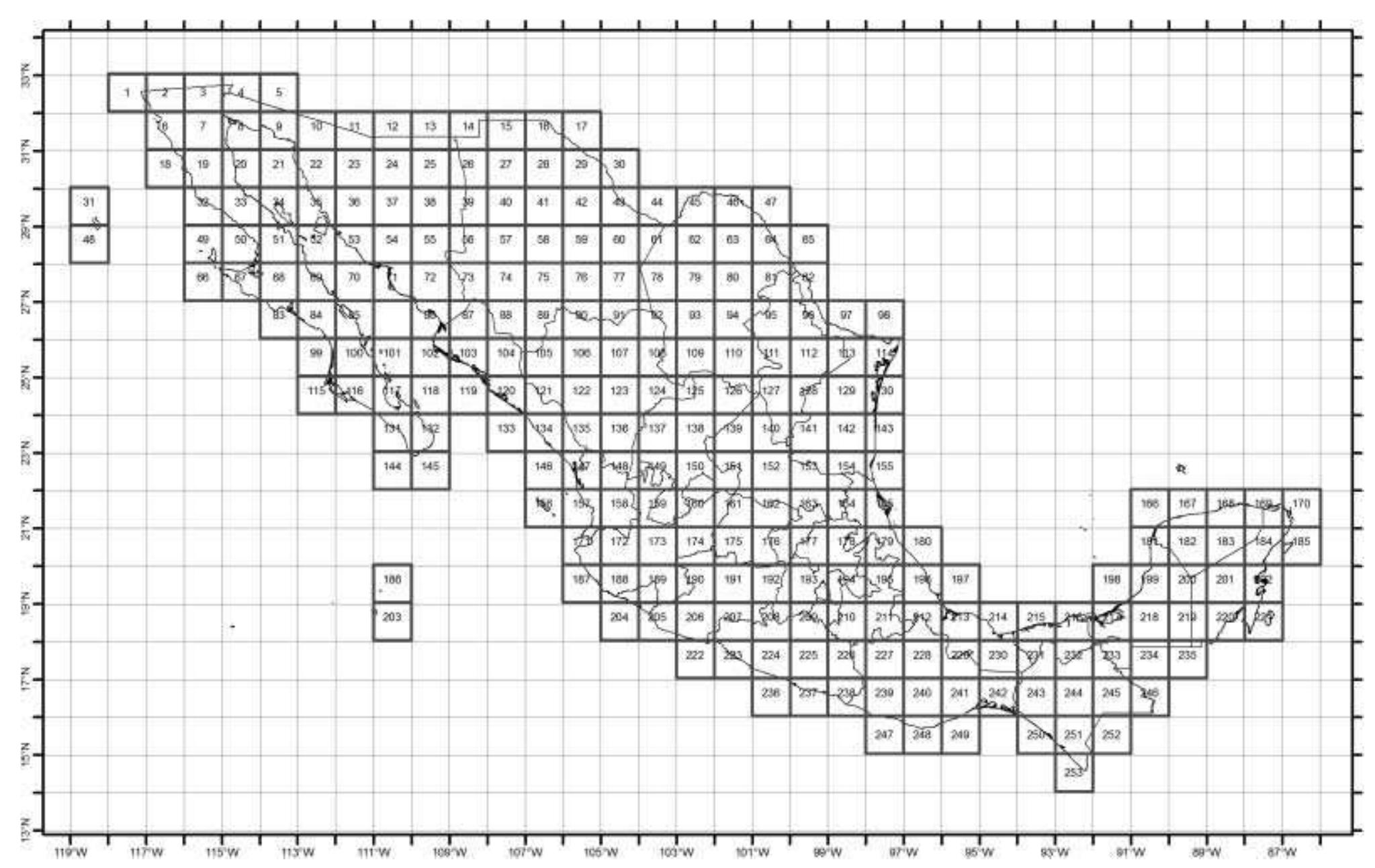 Map of mexico showing the grid cell divisions (1° latitude