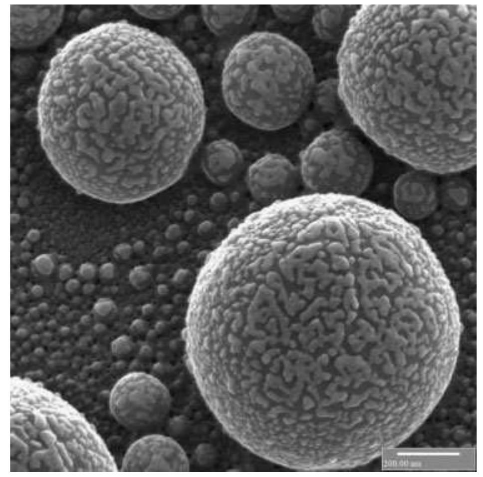 Scanning helium ion micrograph of gold-coated nickel spheres