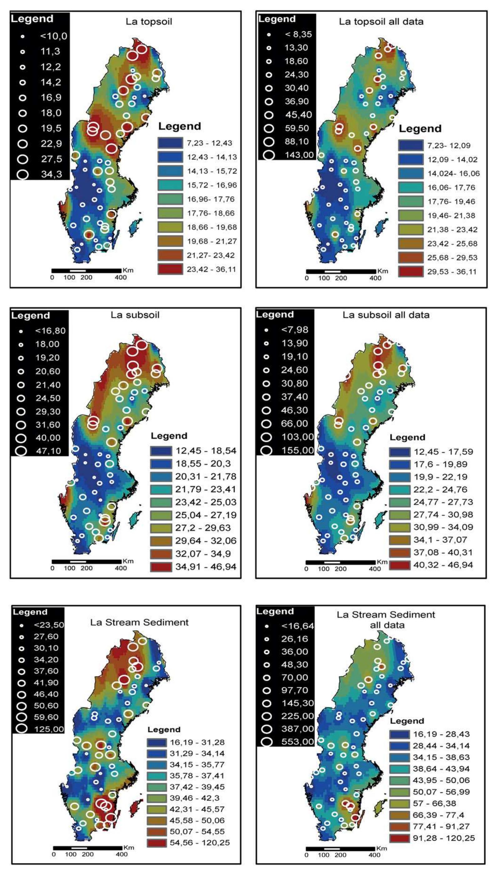 Geochemical maps of la in topsoils, subsoils and stream
