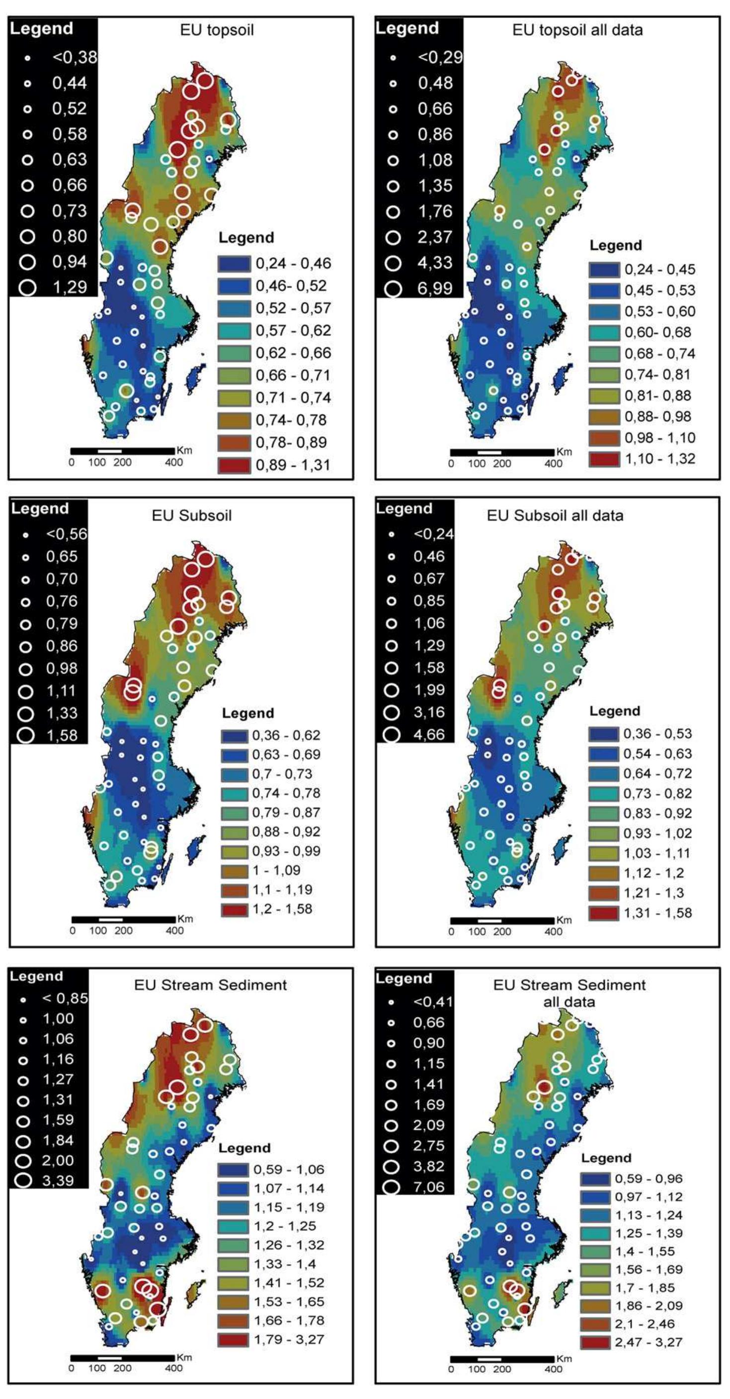 Geochemical maps of eu in topsoils, subsoils and stream