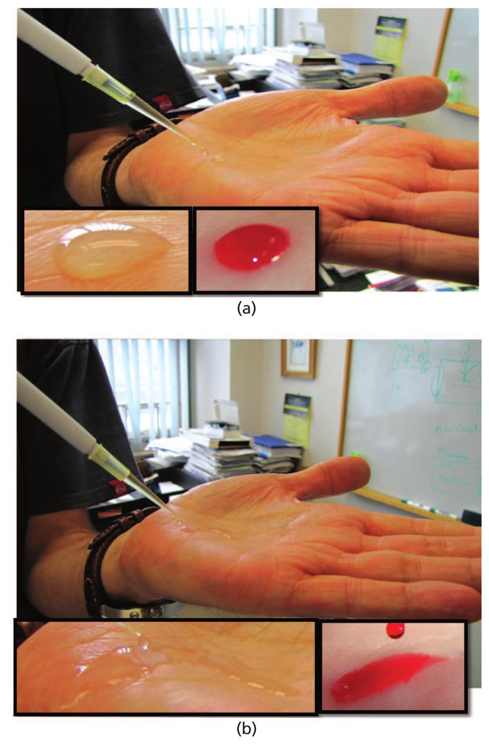 Water drop placed on hand (a) before and (b) after soap