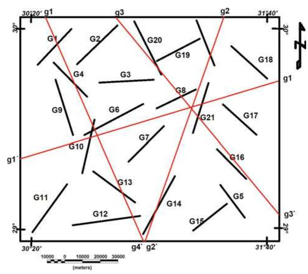 Gravity anomaly map of the studied area showing two-dimen-
