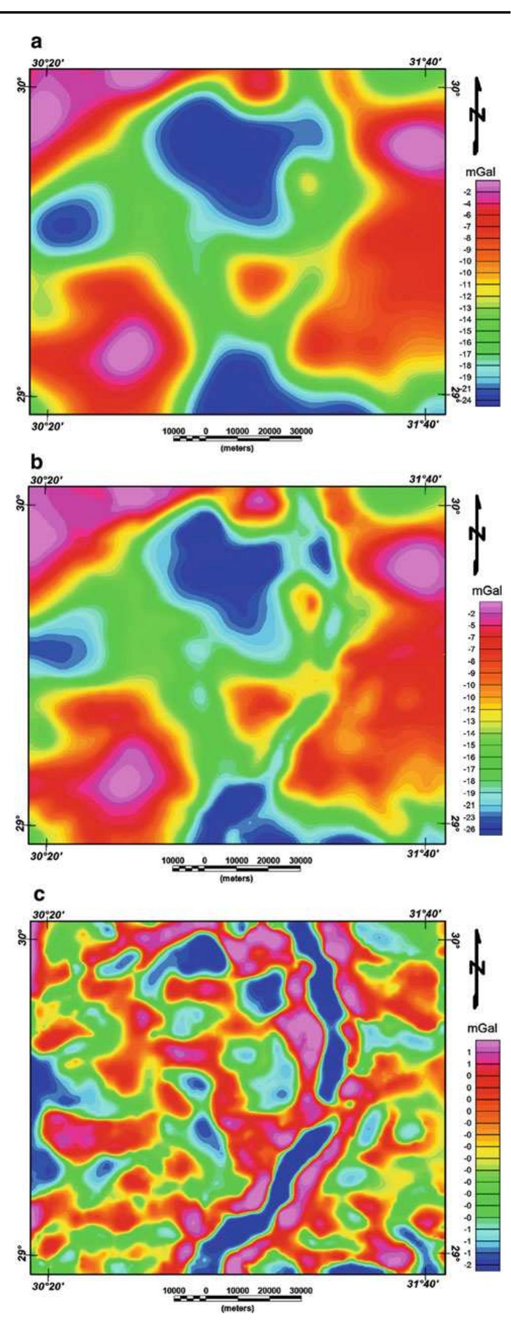 A observed gravity anomaly map, b calculated gravity anom-