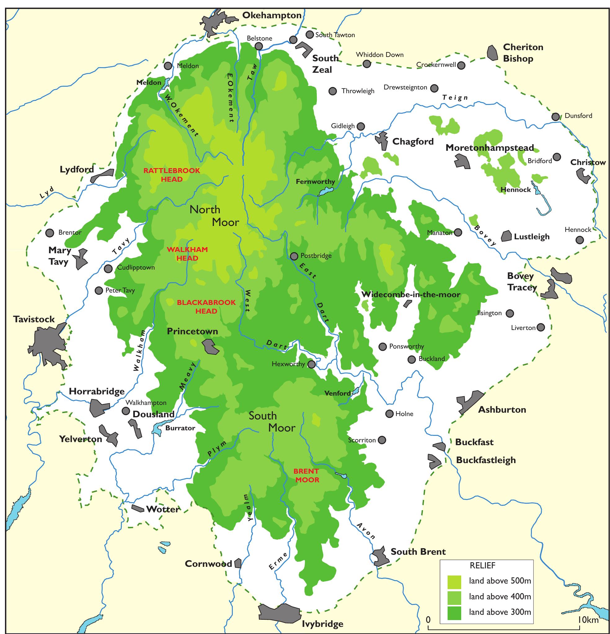 map showing the boundary and topography of dartmoor