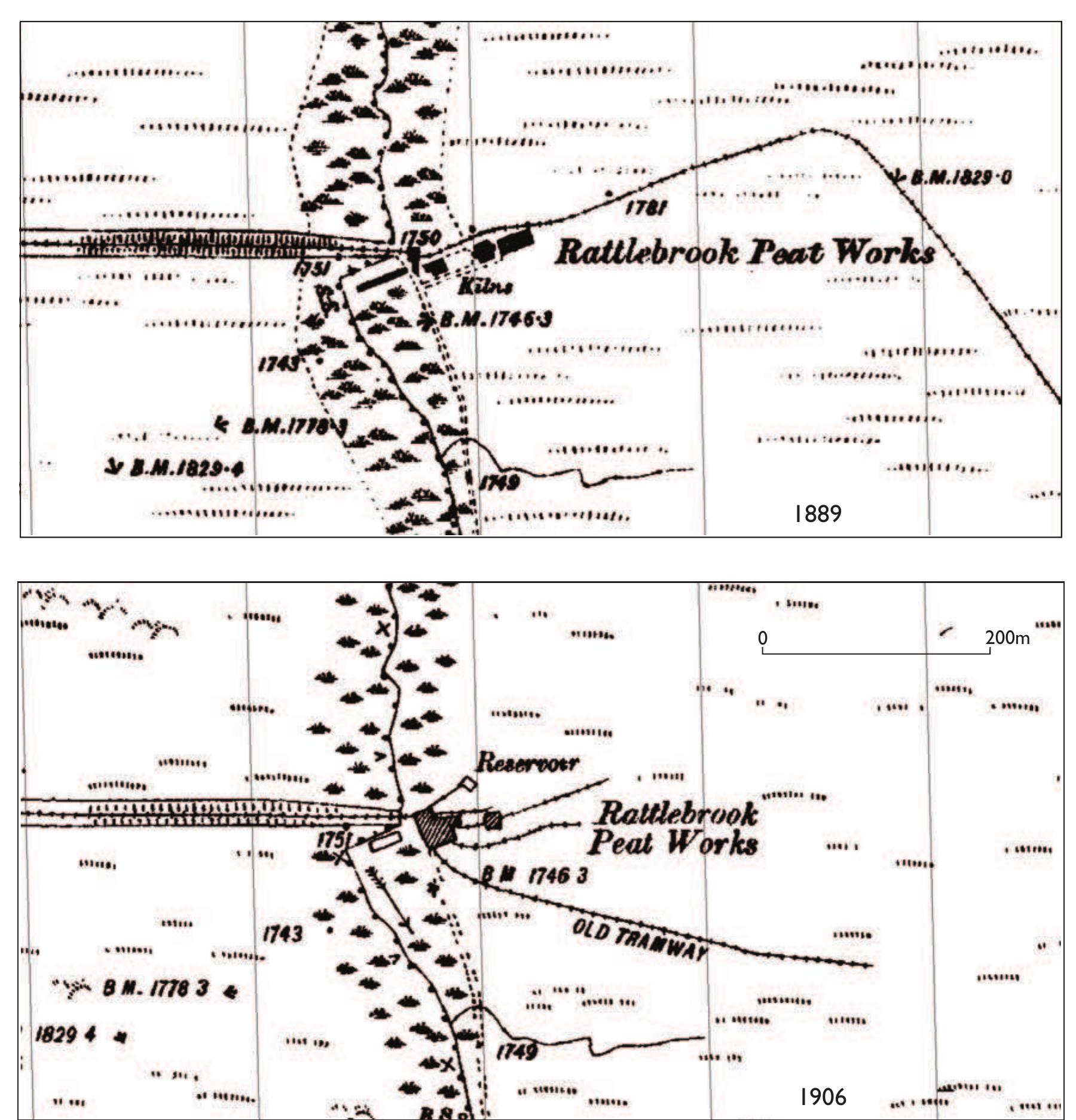 22 os 6-inch map depictions of the rattlebrook peat works in