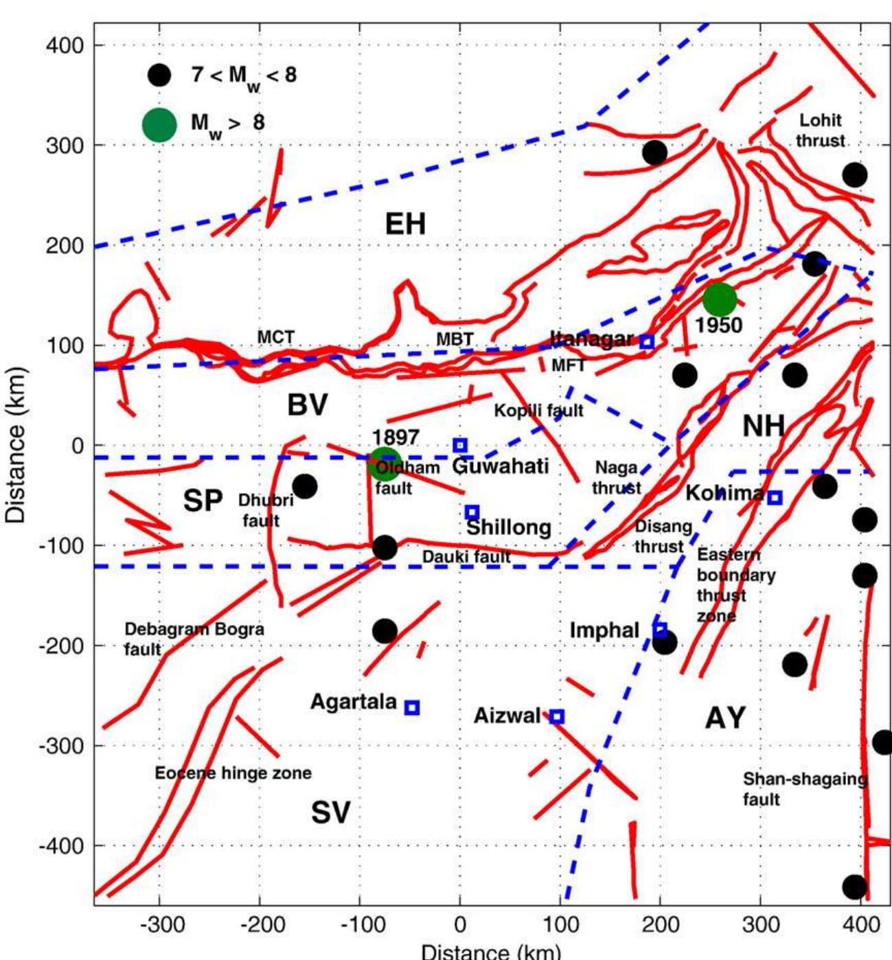 Map of northeastern india showing the location of six