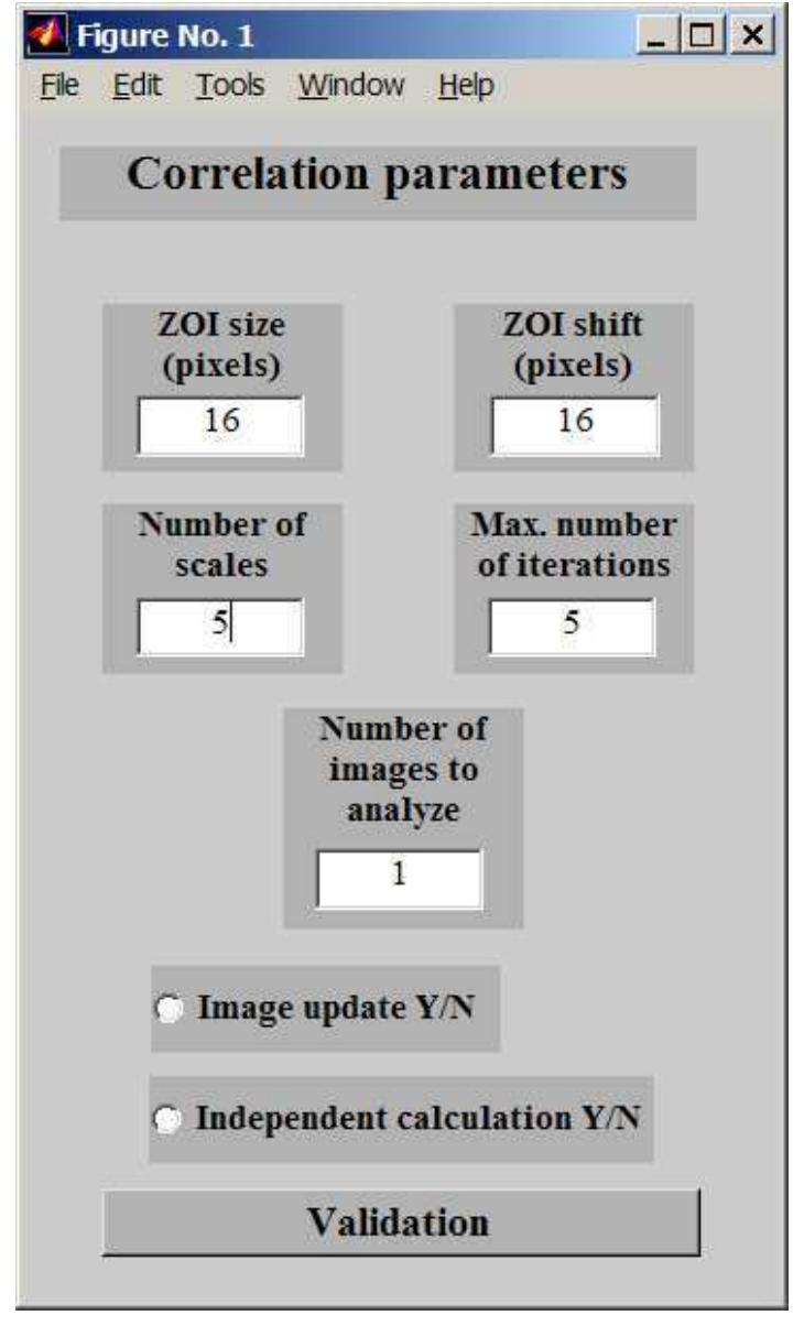 Dialog box for choosing the correlation parameters.