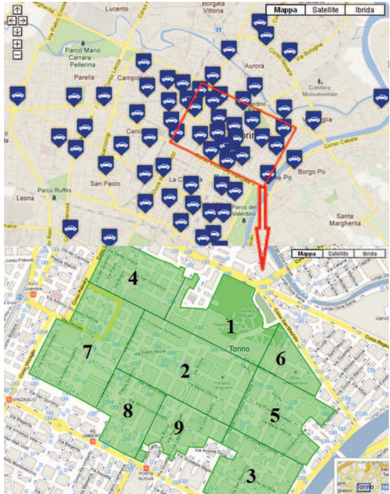 Map of turin with parking areas dedicated to carsharing and