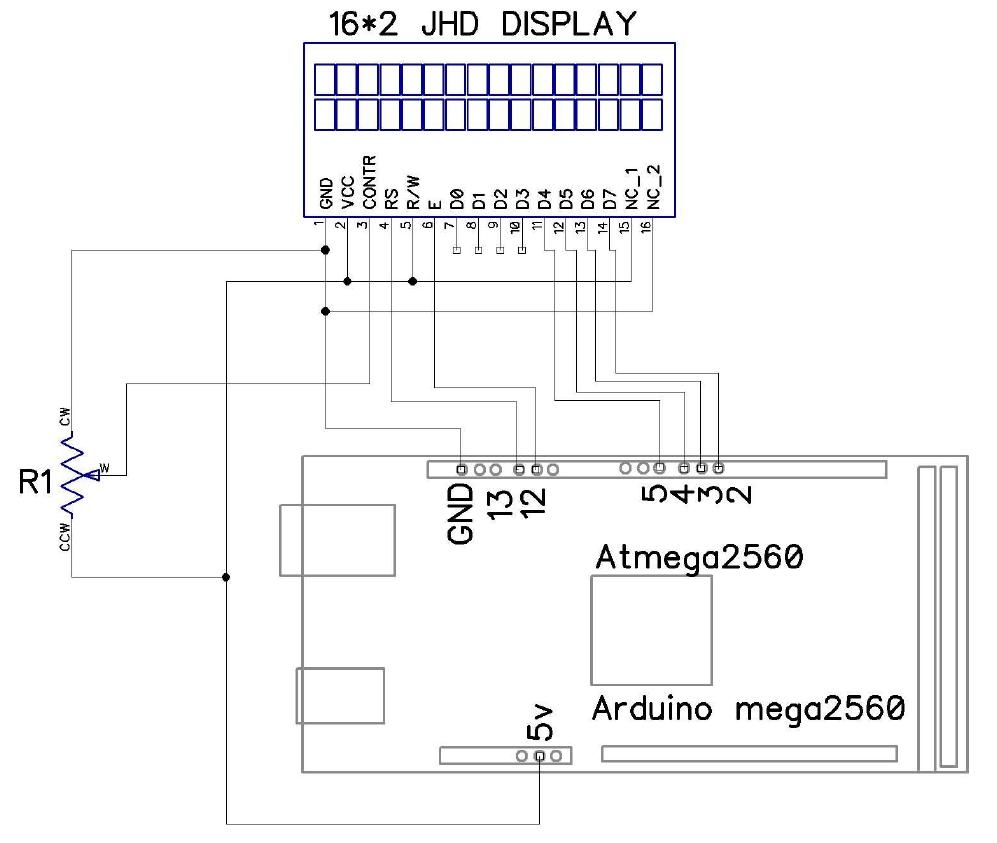 The schematics diagram of 16 x 2 lcd display with arduino