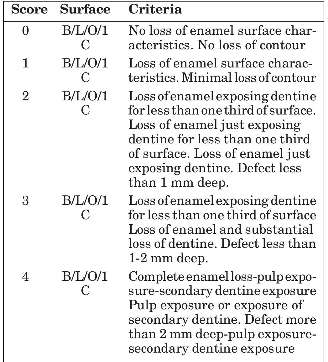 Criteria for the "tooth wear index" as proposed by smith and