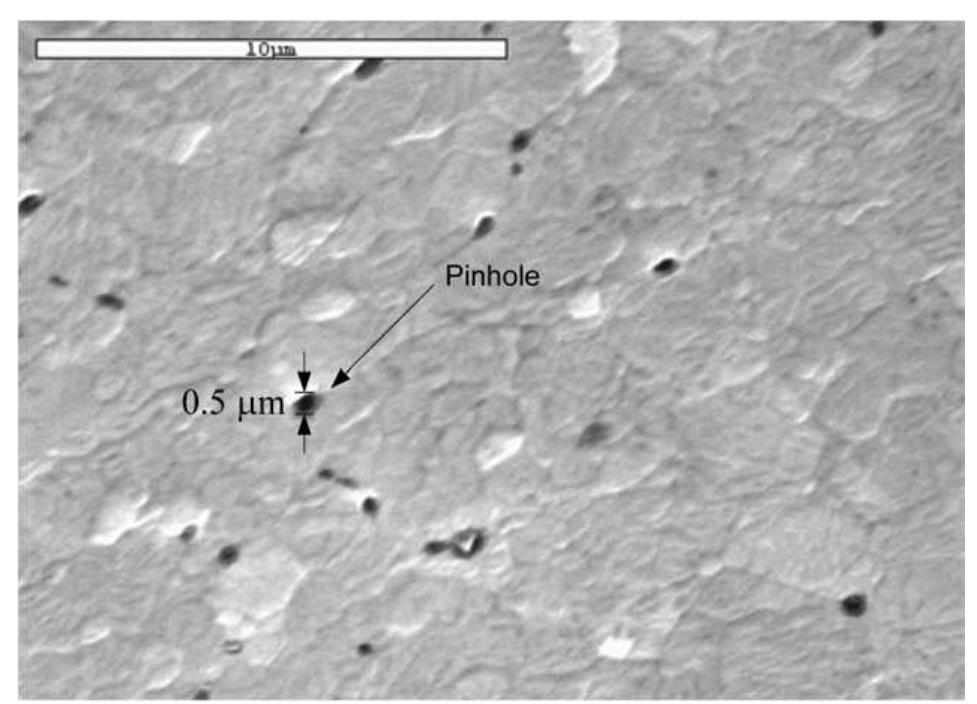Sem photograph of pinholes in metal 2 prior to post-cmos