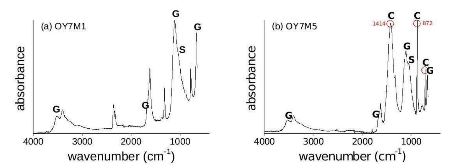Infrared spectra of white samples oy 7m5 (a) and oy 7m1 (b):