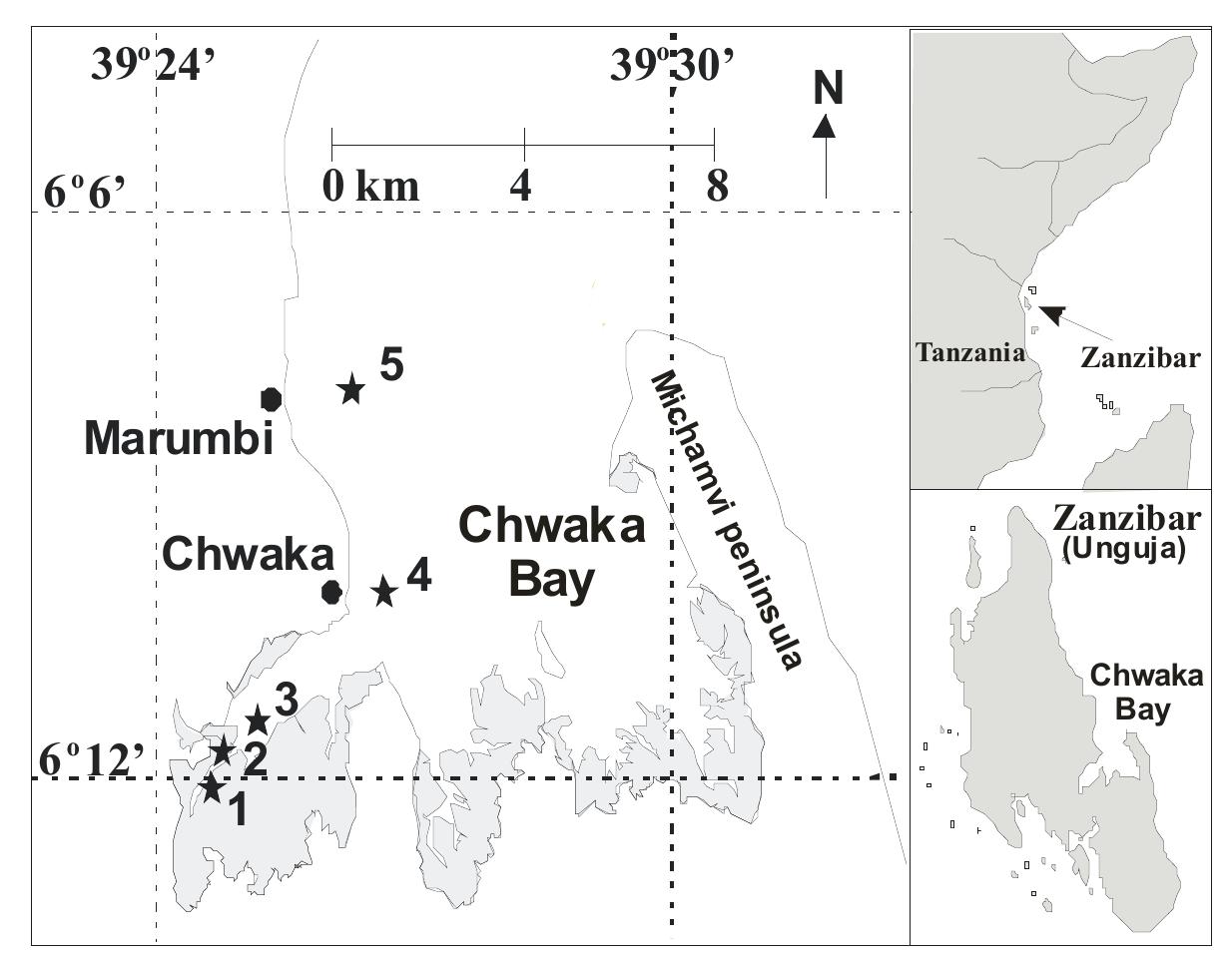 Map of unguja island (zanzibar) showing the location of