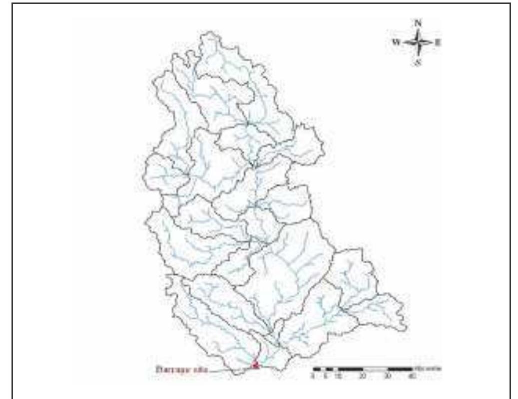 Ib river basin with its sub-basins and flow lines the upper