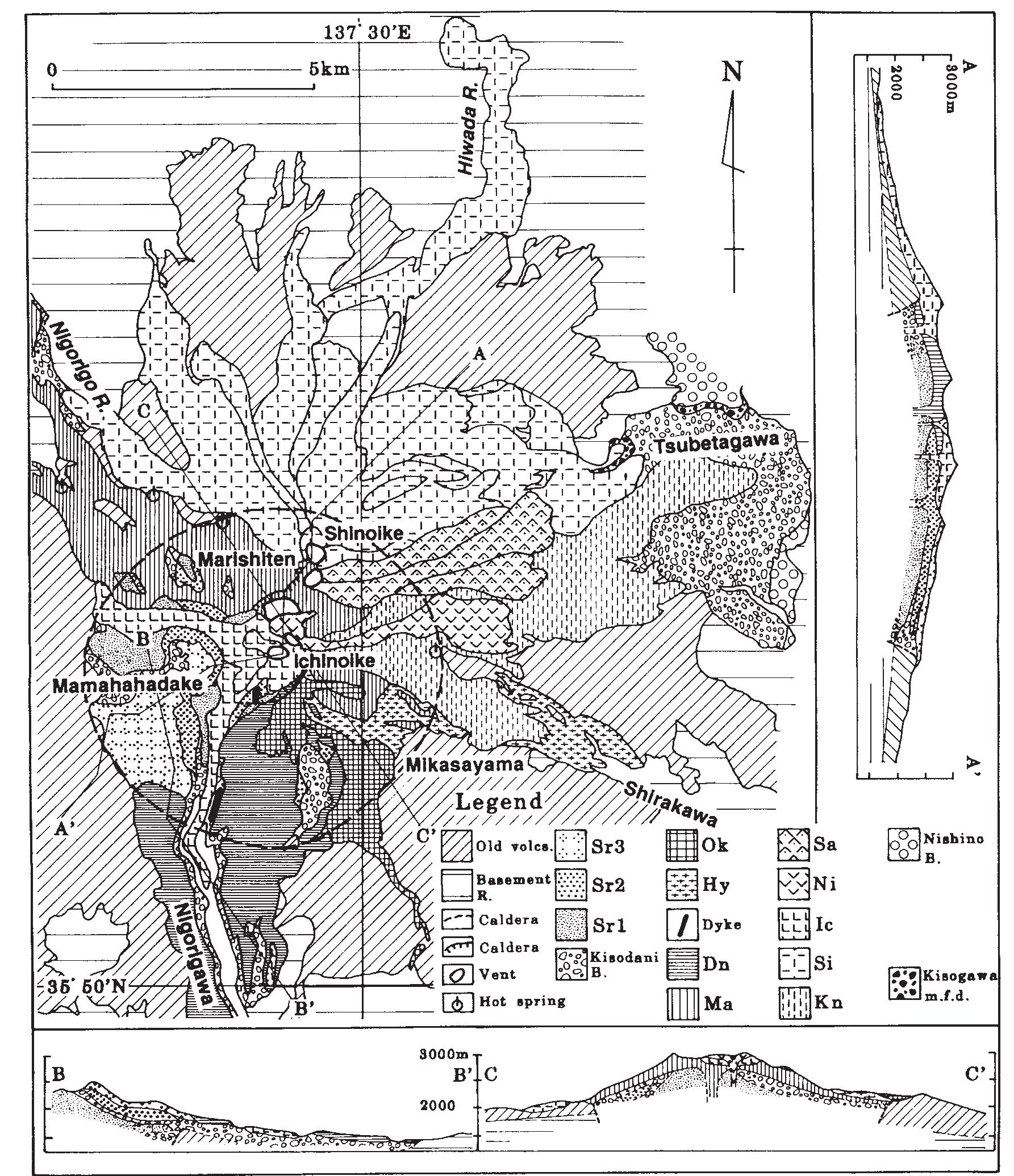 Geological map with cross-sections of ontake volcano. a