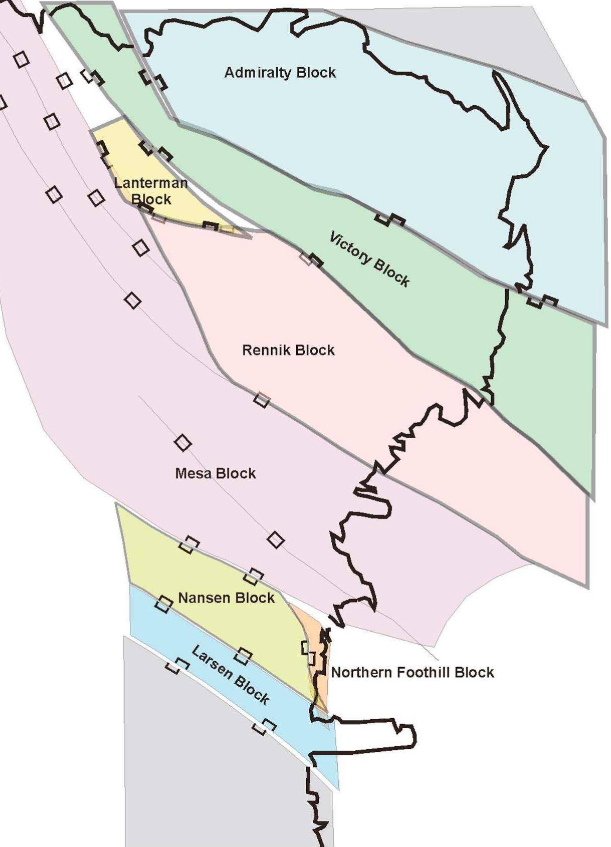 Sketch map showing the eight rigid crustal blocks dissected