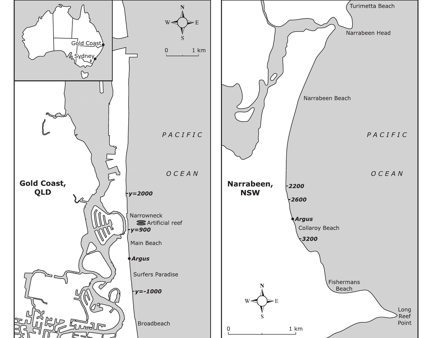 Locations of the six shoreline locations studied at the gold