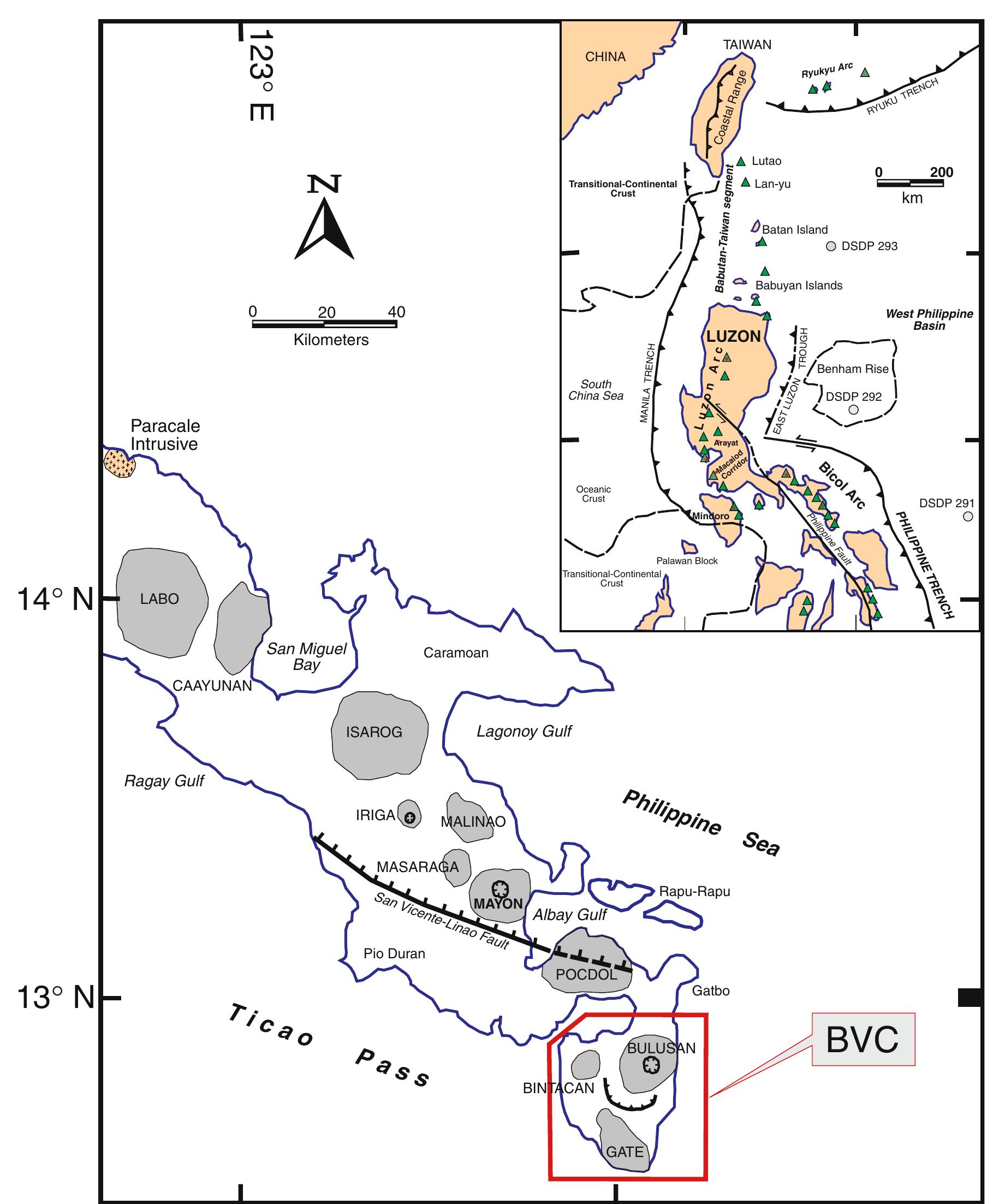 Map of the bicol arc showing the major volcanic centres with
