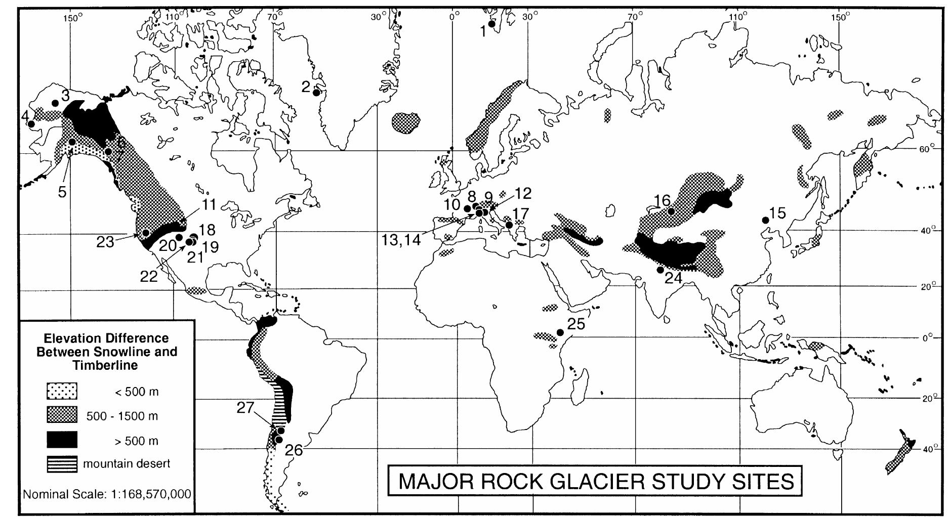 Mercator projection map showing areas of elevation