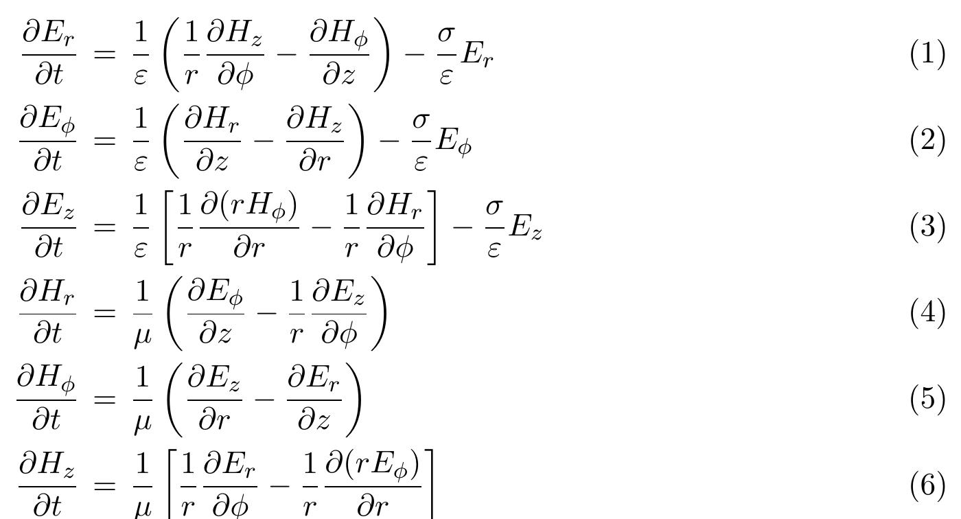 Discretizing eqs. (1)—-(6) using the conventional yee