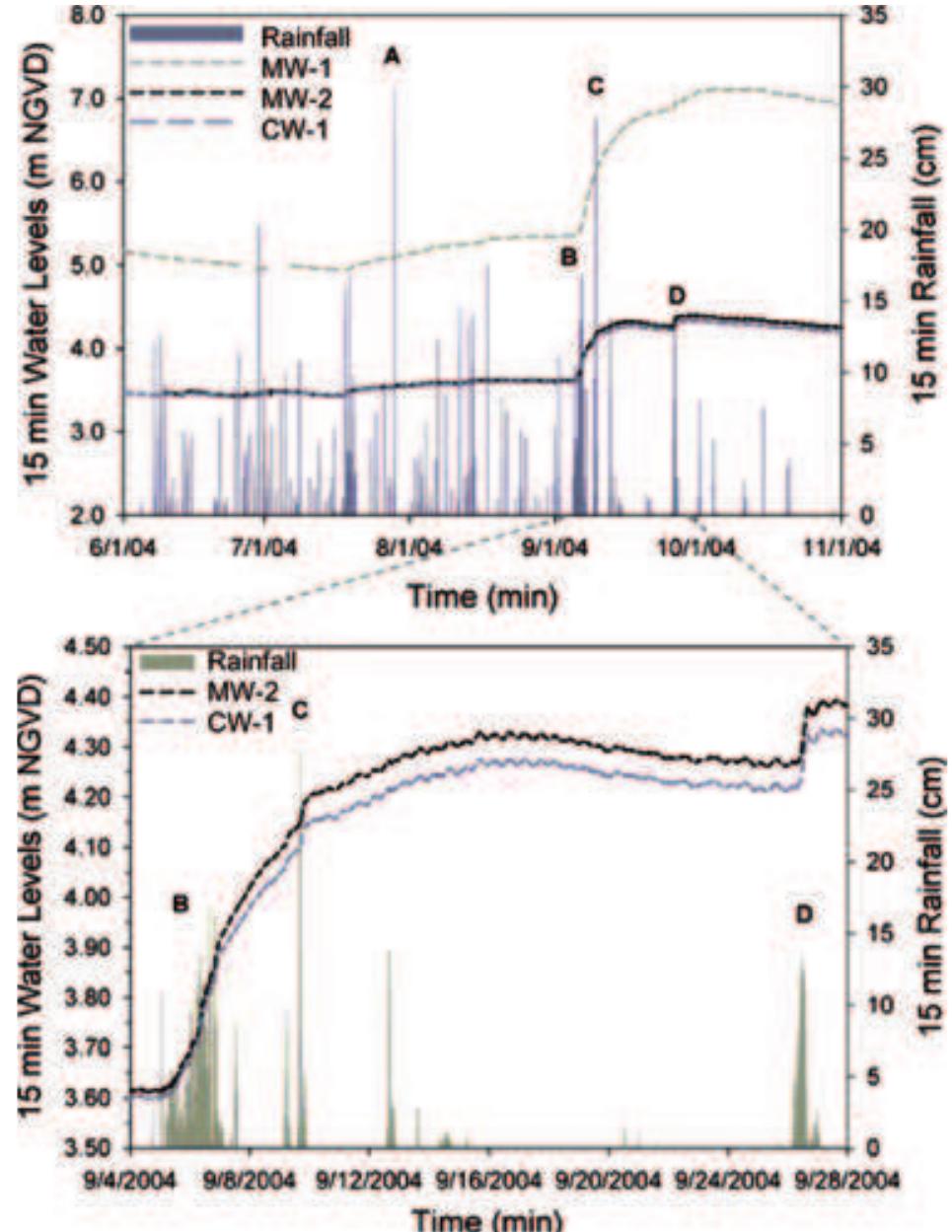 Hydrographs of water levels in the matrix and conduit