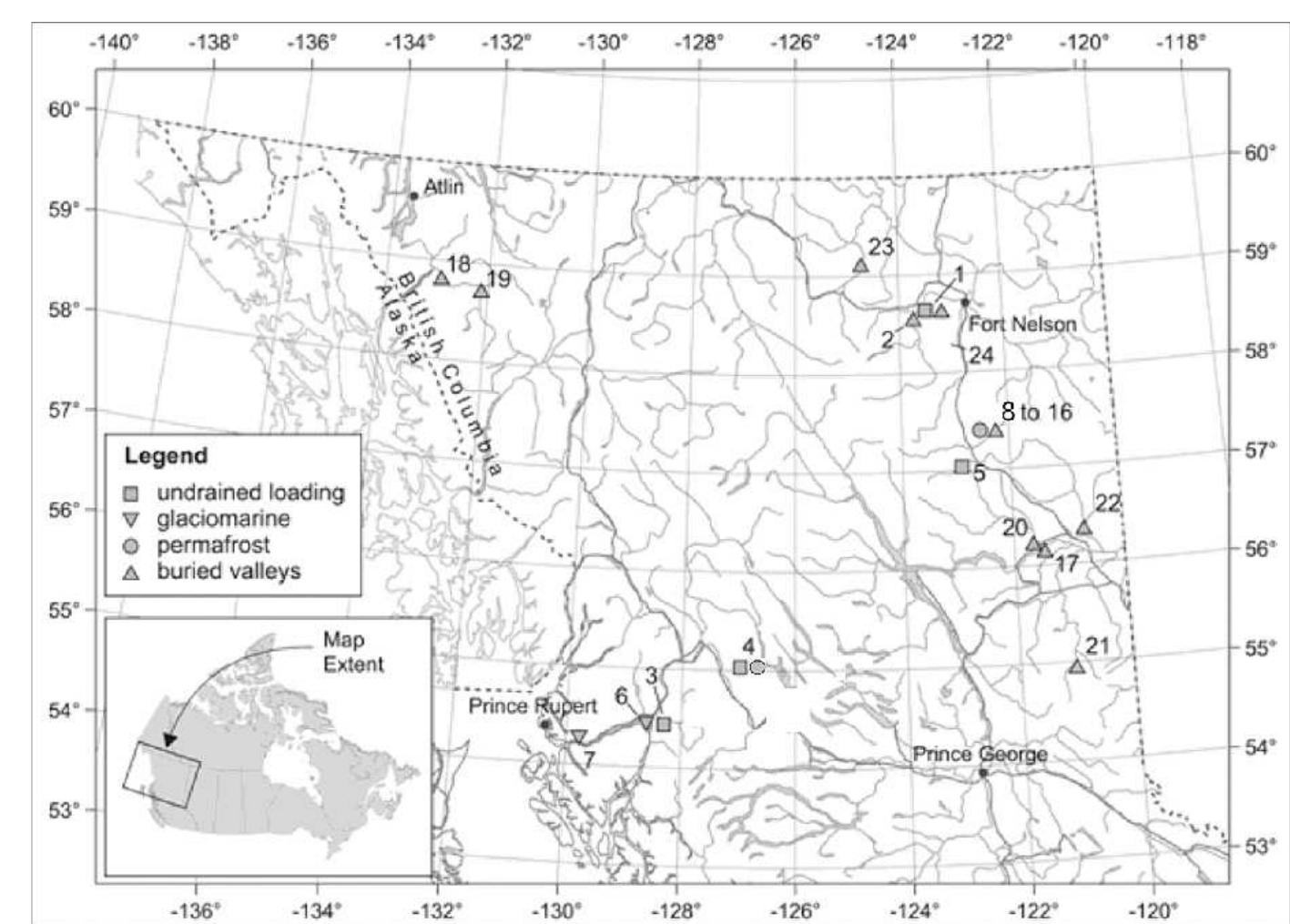 Map of northern british columbia showing locations of large,