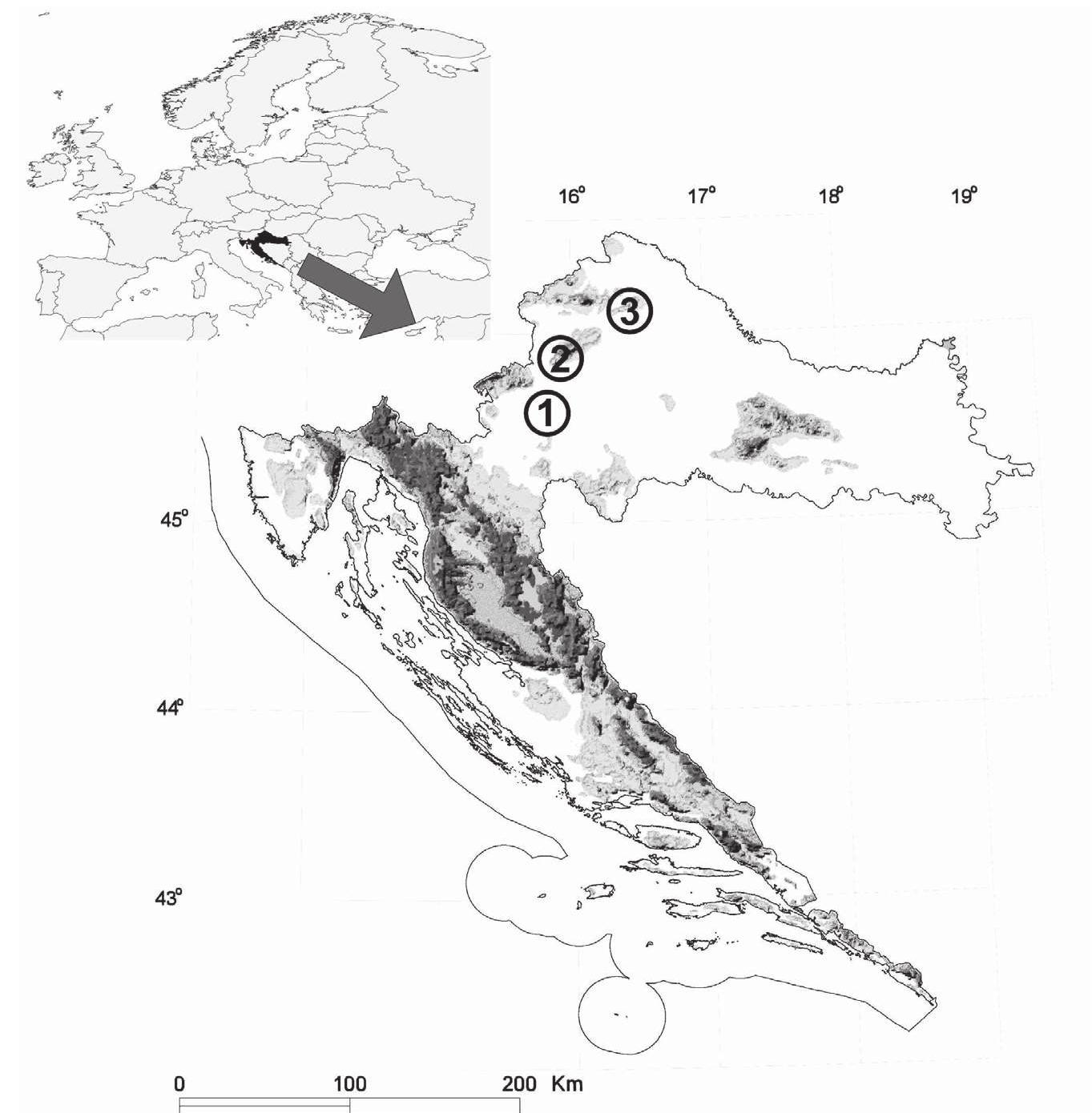 Map of the study area. 1. riverine forest 120-140 years