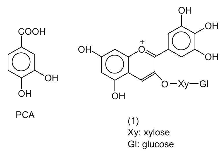 Structure of delphinidin-3-glucoxyloside (1), the major