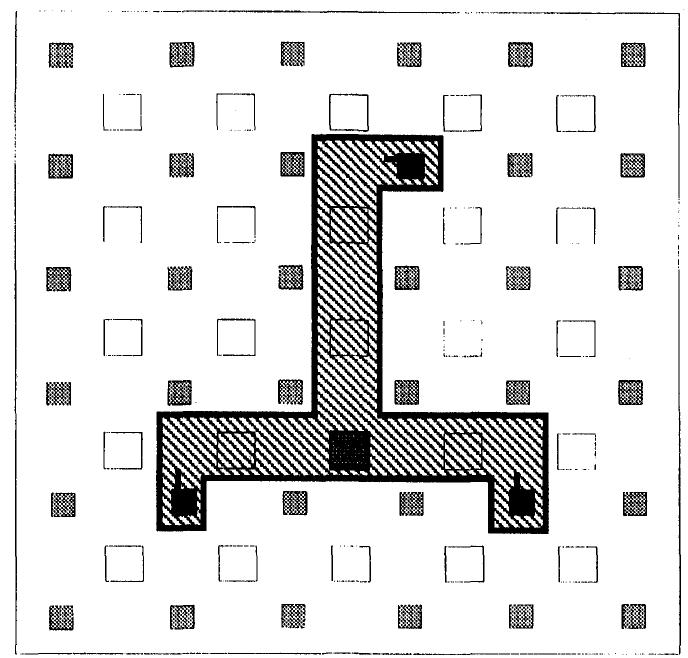 Global-routing information for a three-pin net, showing the