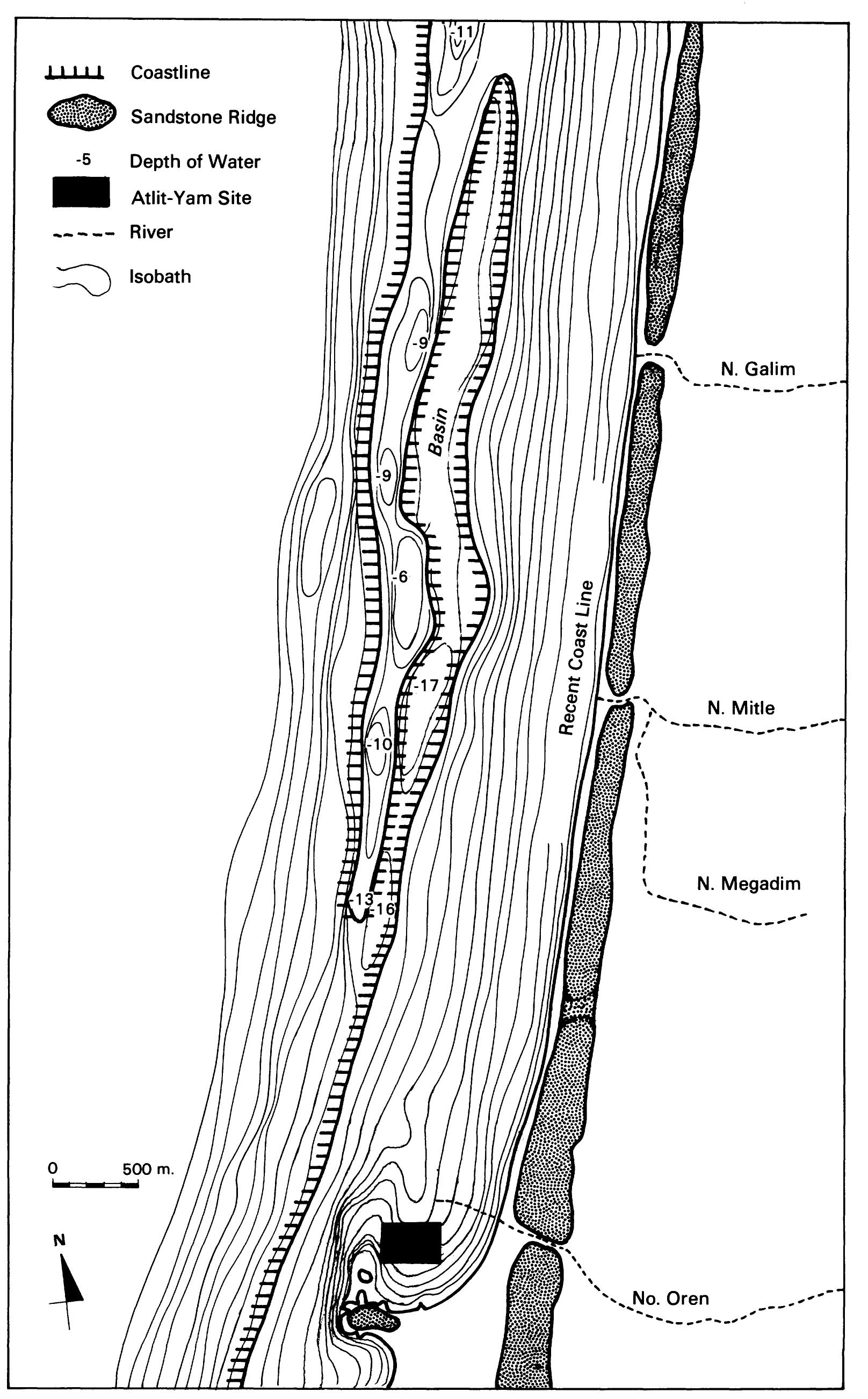 Bathymetric map of the atlit-yam region. note the basin
