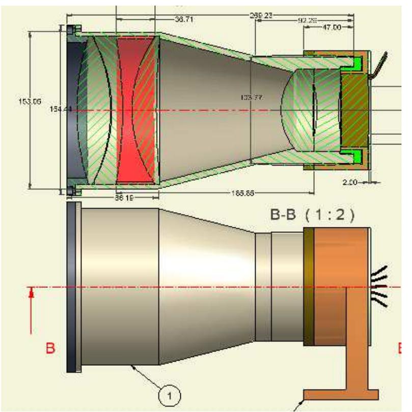 Side view of the f#0.95 lens. top: cross-section view of the