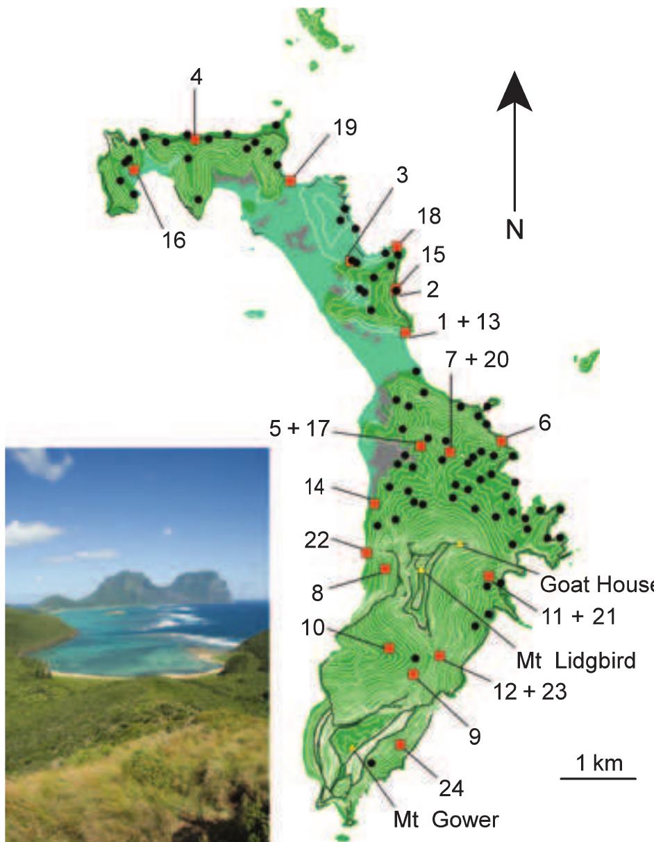 Map of lord howe island showing the location of: (i) the 24