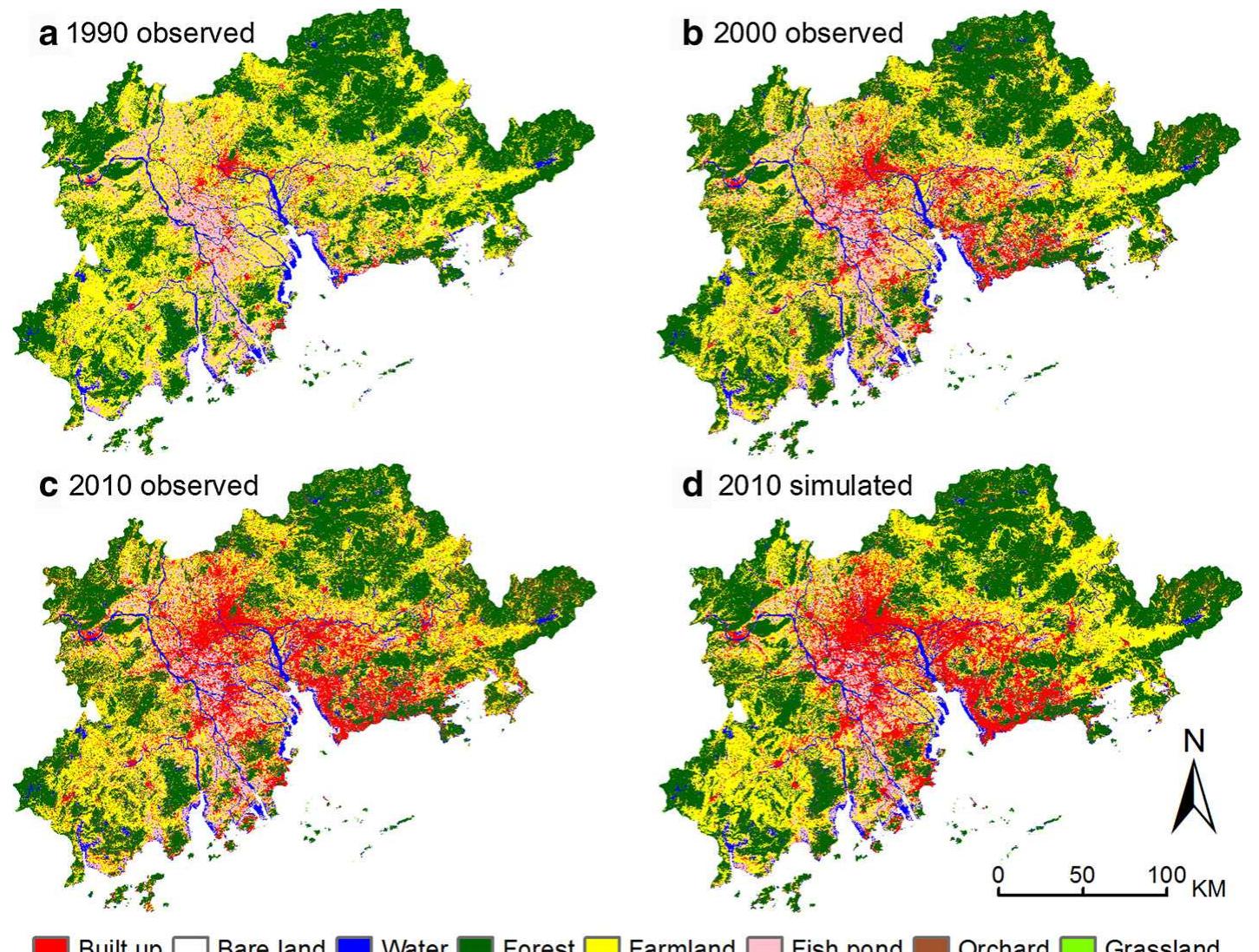 Observed land-use maps for 1990 (a), 2000 (b), and 2010 (c)