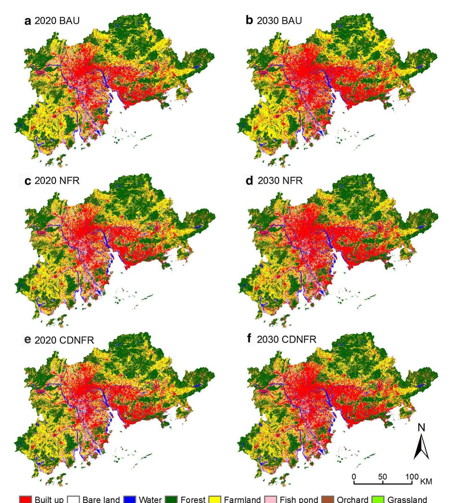 Simulated land-use maps for 2020 and 2030 under three future