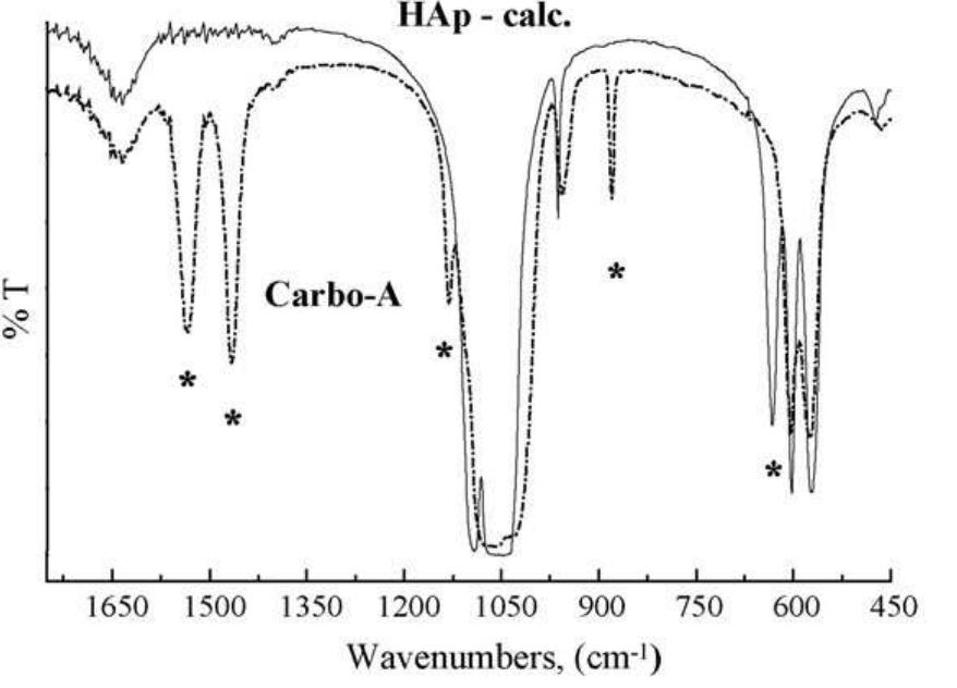 Ftir spectra of the carbo-a and calcined hydroxyapatite