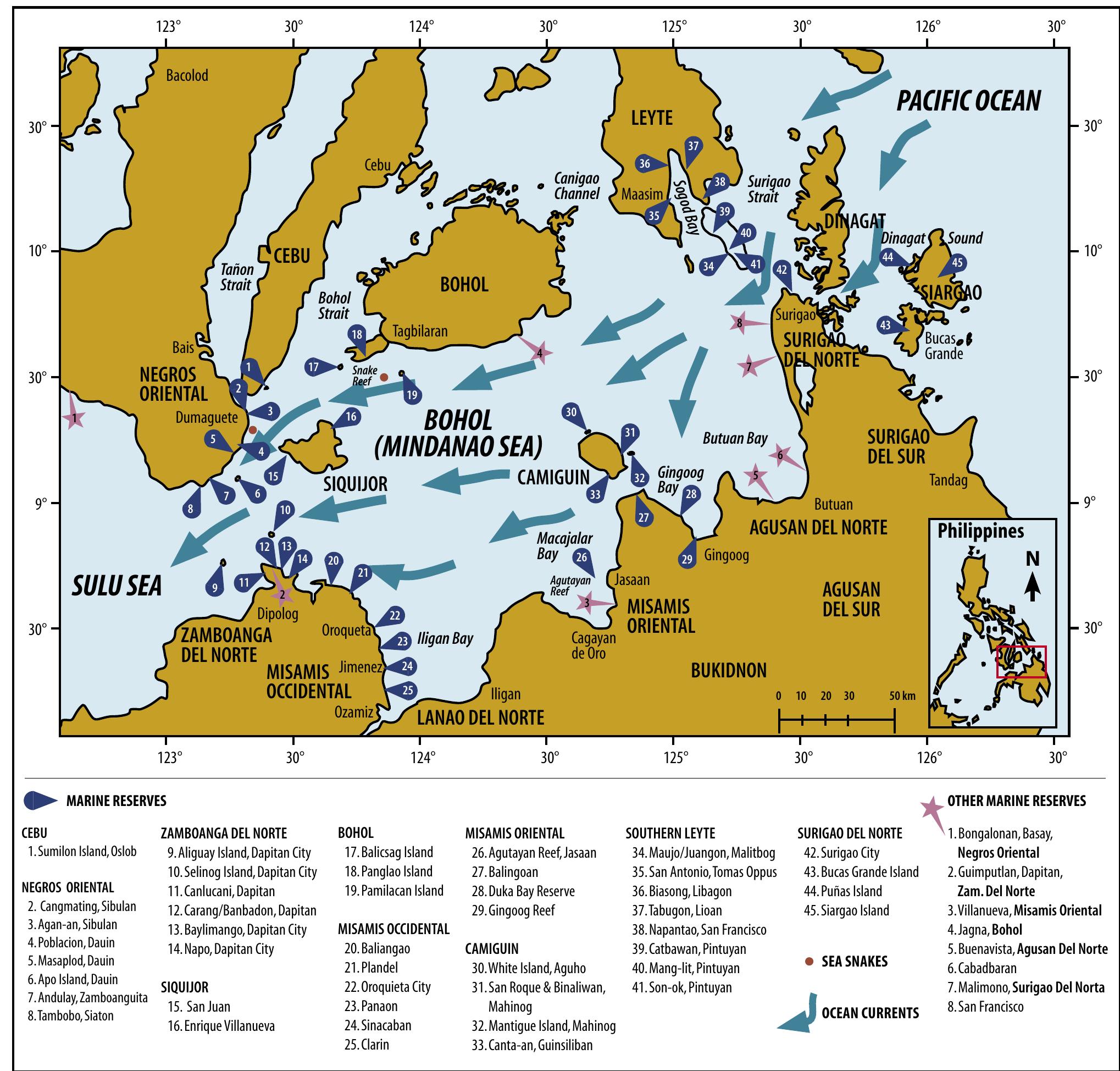 Ig. |. map of bohol sea showing some of the marine reserves