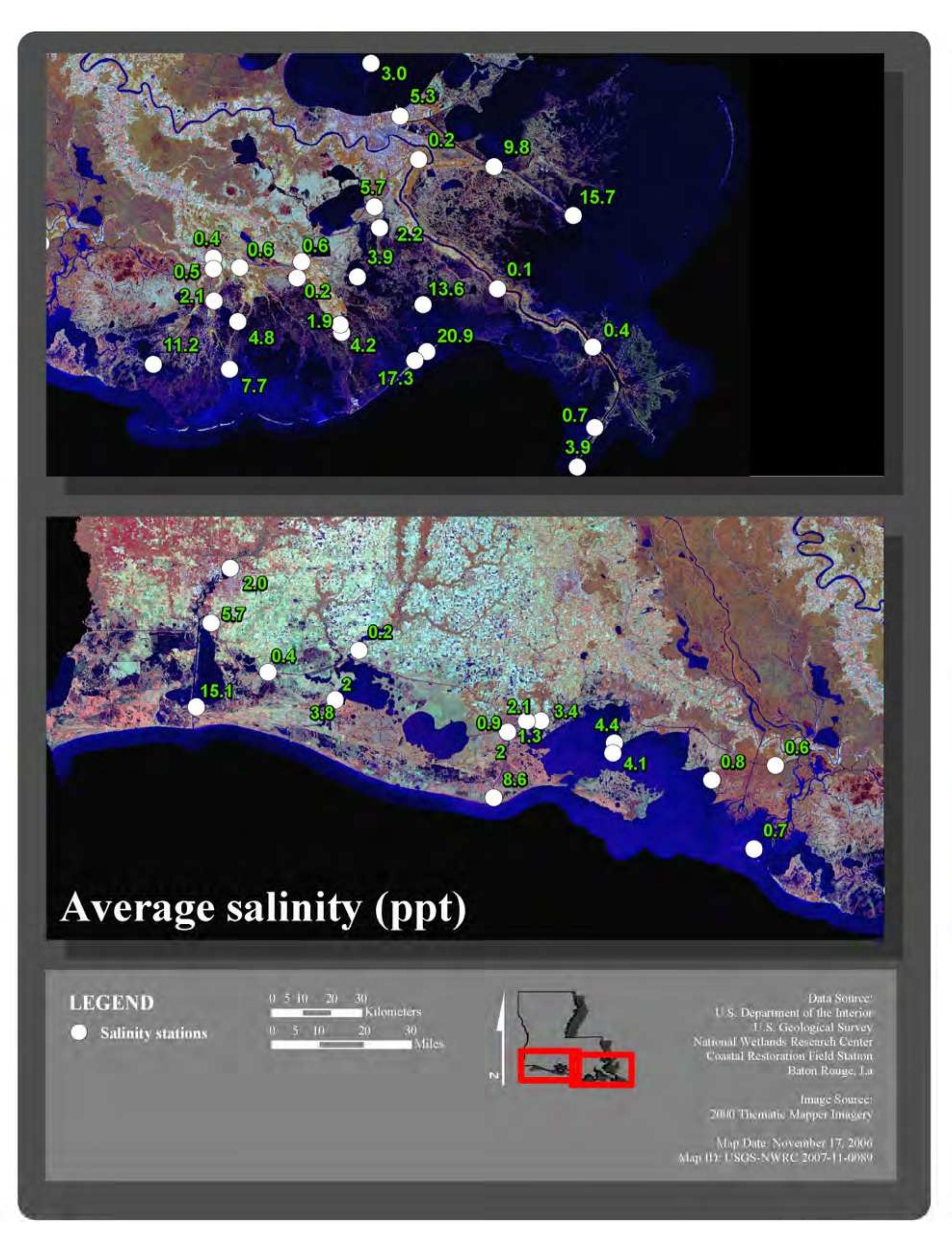 Average salinity for 44 stations used to analyze salinity in
