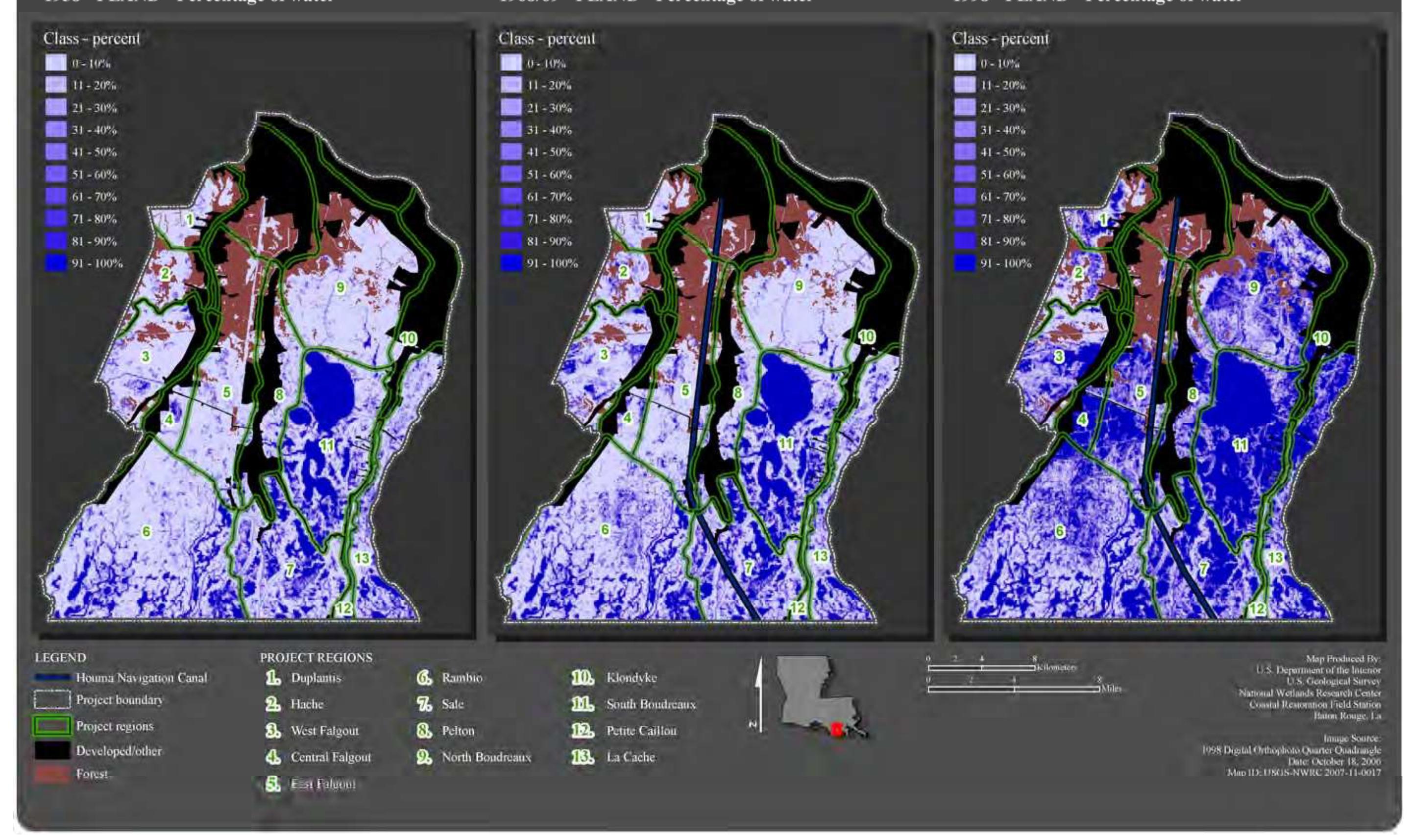 Map of percentage of landscape (pland) for 1958, 1968/69,
