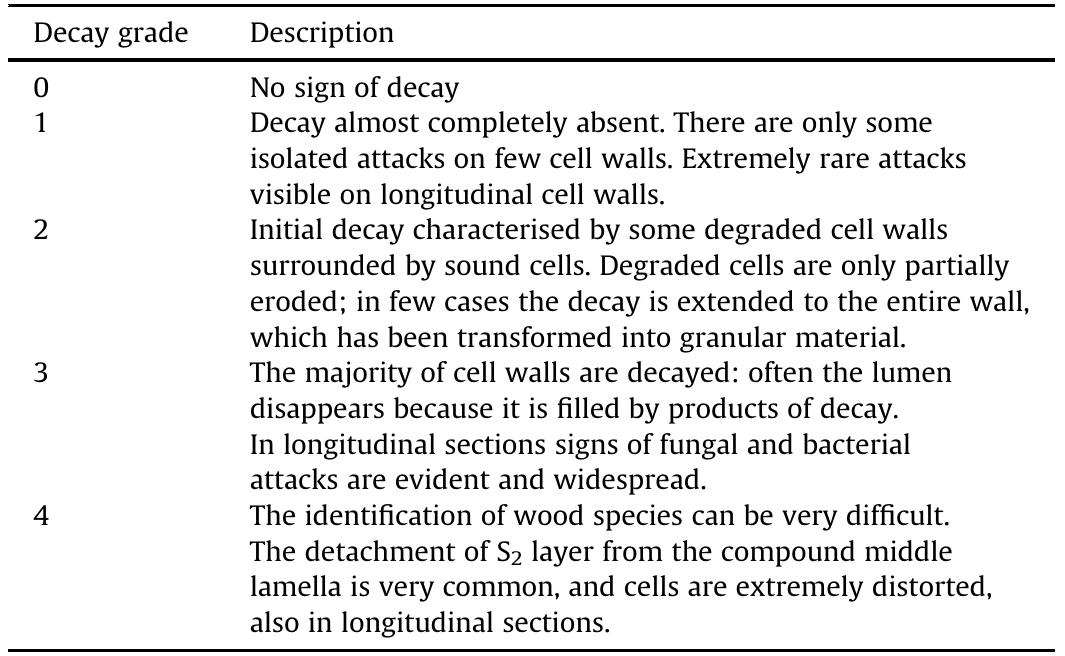 The grading of different levels of decay. table 1