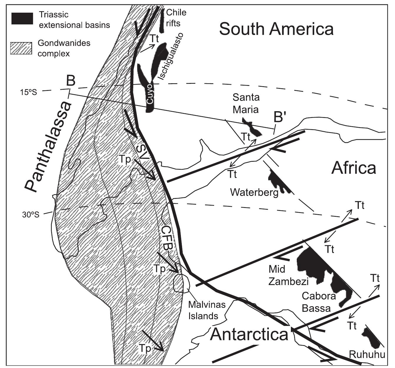 Palaeogeographic reconstruction of the southwestern gondwana