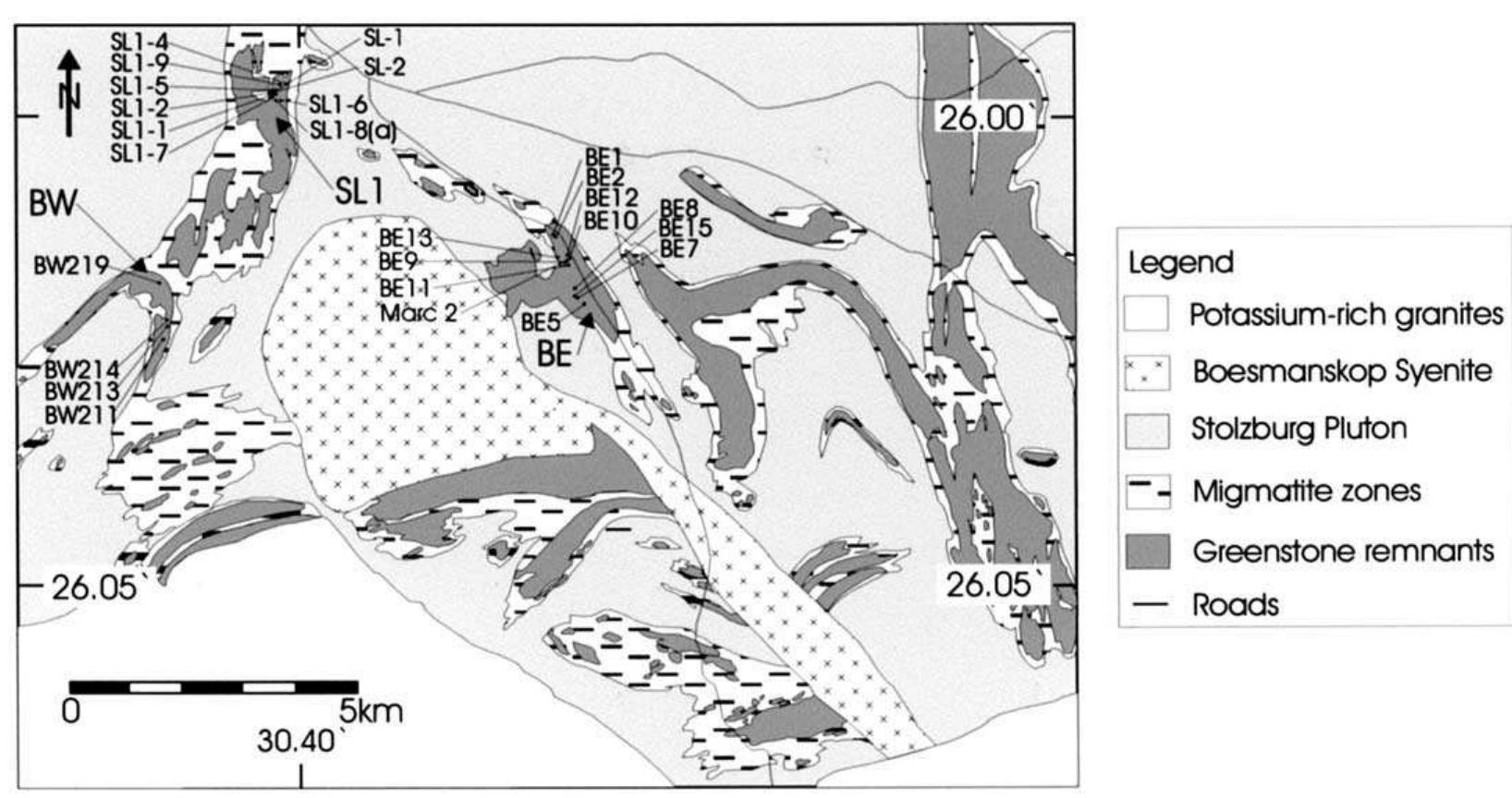 Generalised geological map of the granite—greenstone terrane