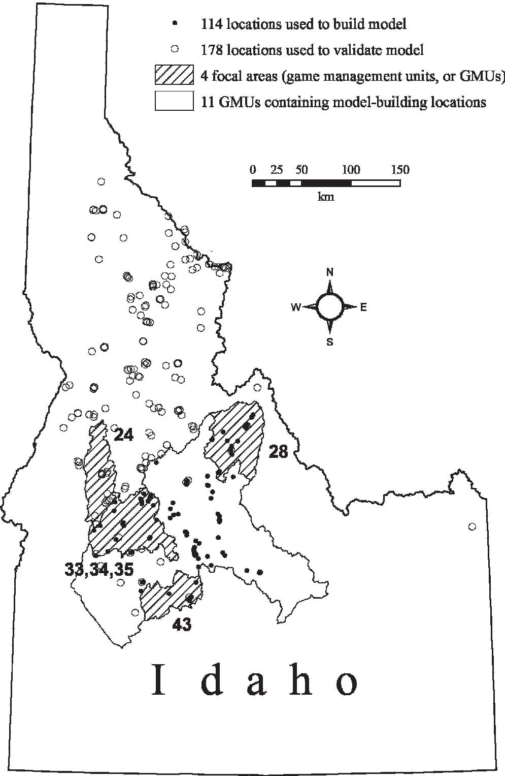 Map of idaho, usa, and gray wolf rendezvous site locations