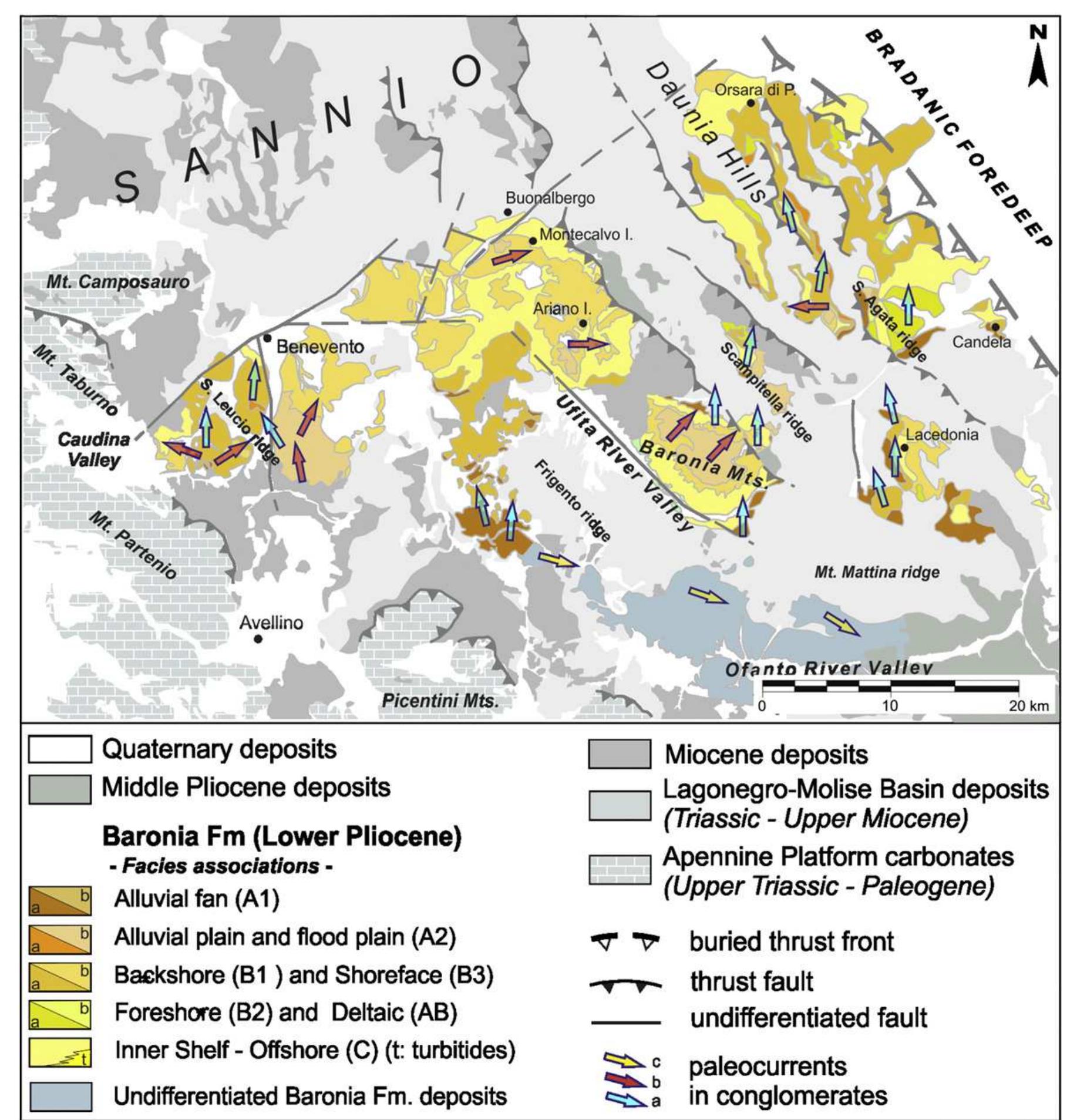 Geological map showing facies associations,