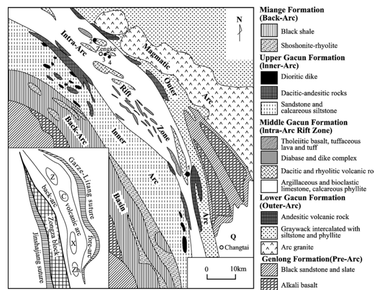 Sketch map showing major tectonic units, volcano-sedimentary