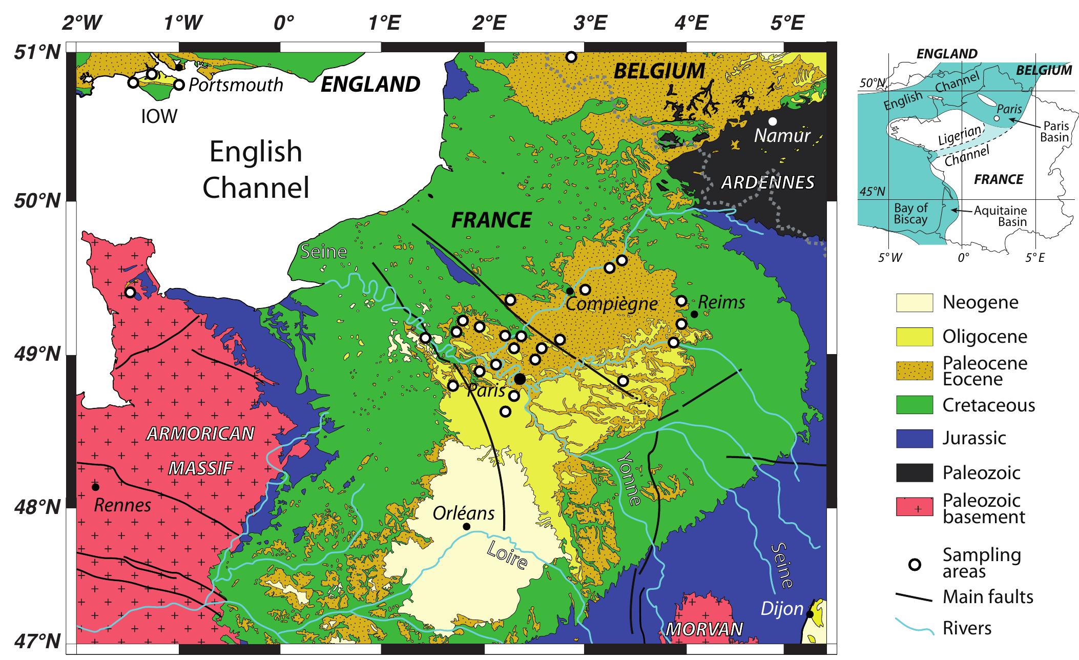 Geological map of the paris basin and sampling areas of the