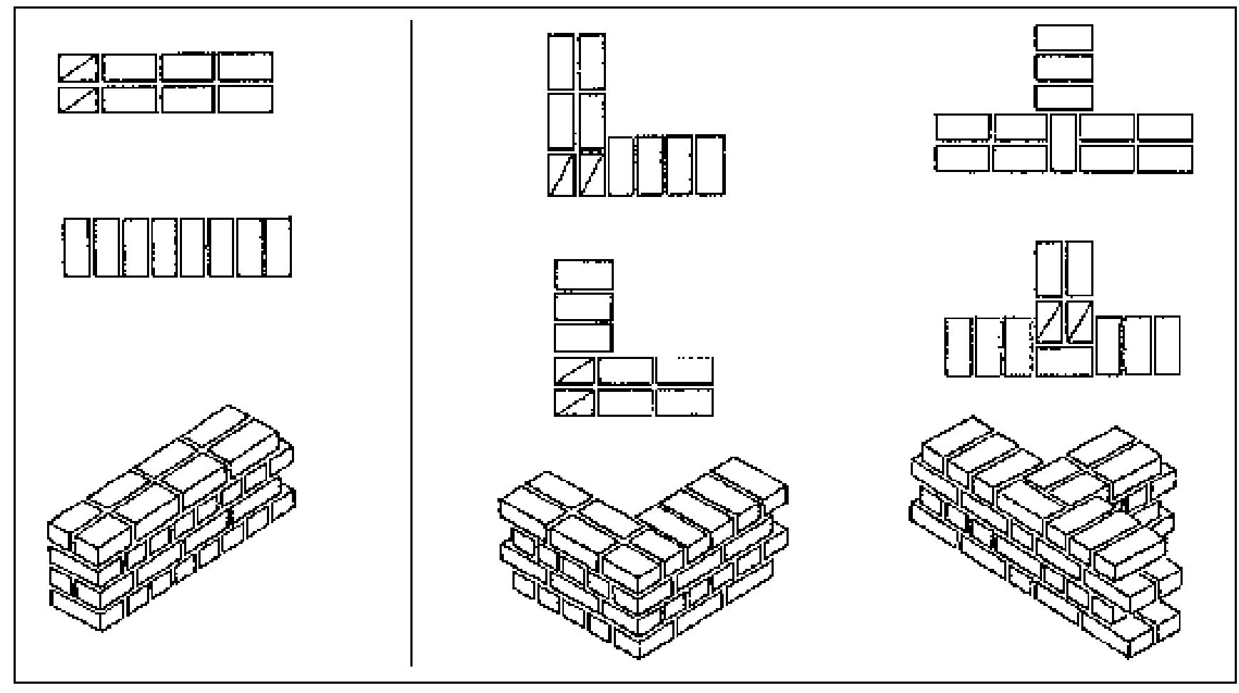 A few examples of bonding patterns for walls the width of