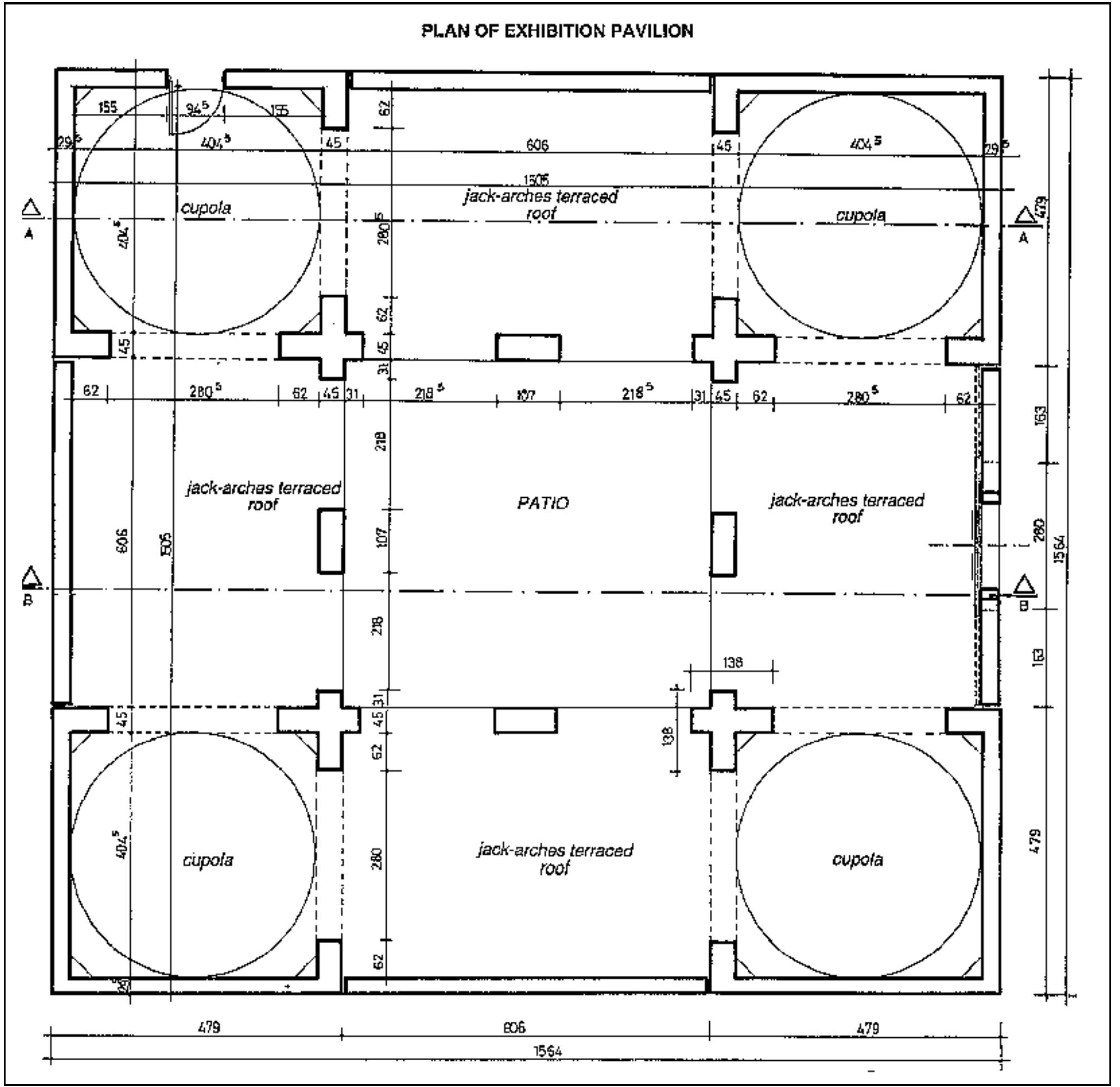 Plan of square exhibition pavilion, with cupolas at each of