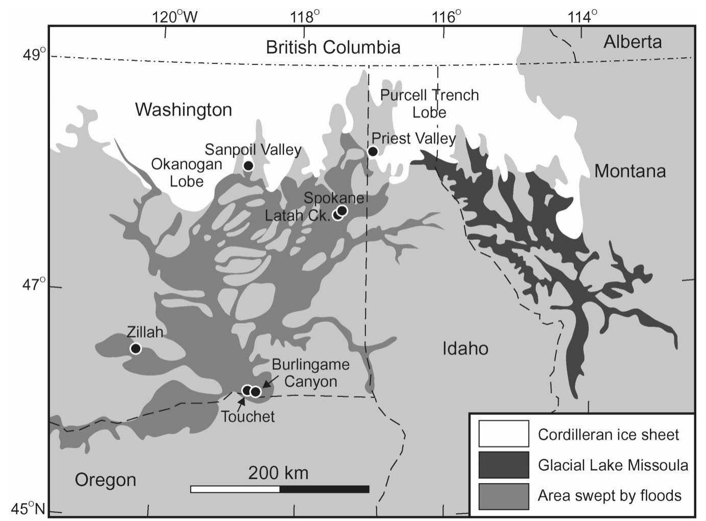 1. map showing channeled scabland, glacial lake missoula,