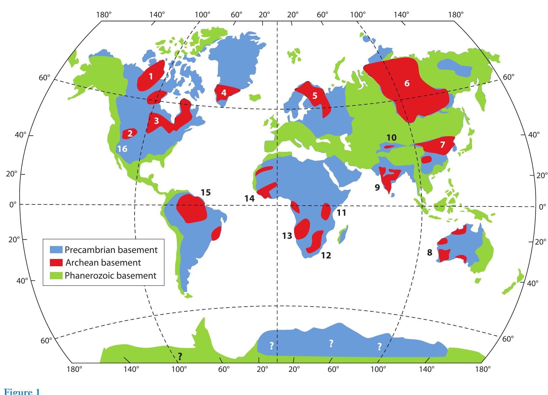 Map of precambrian (+540 mya) and phanerozoic