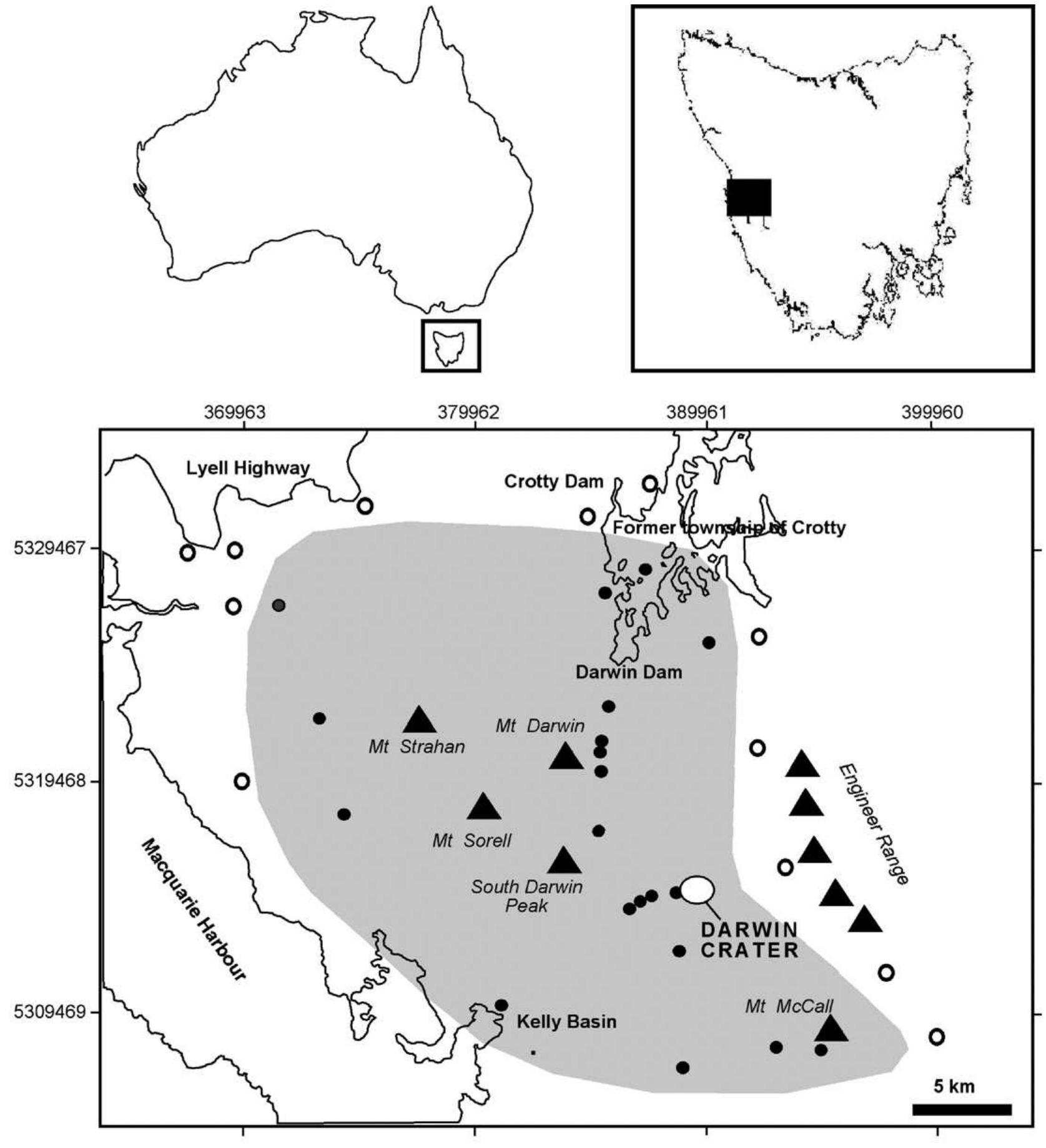 Locality map showing darwin crater and the darwin glass